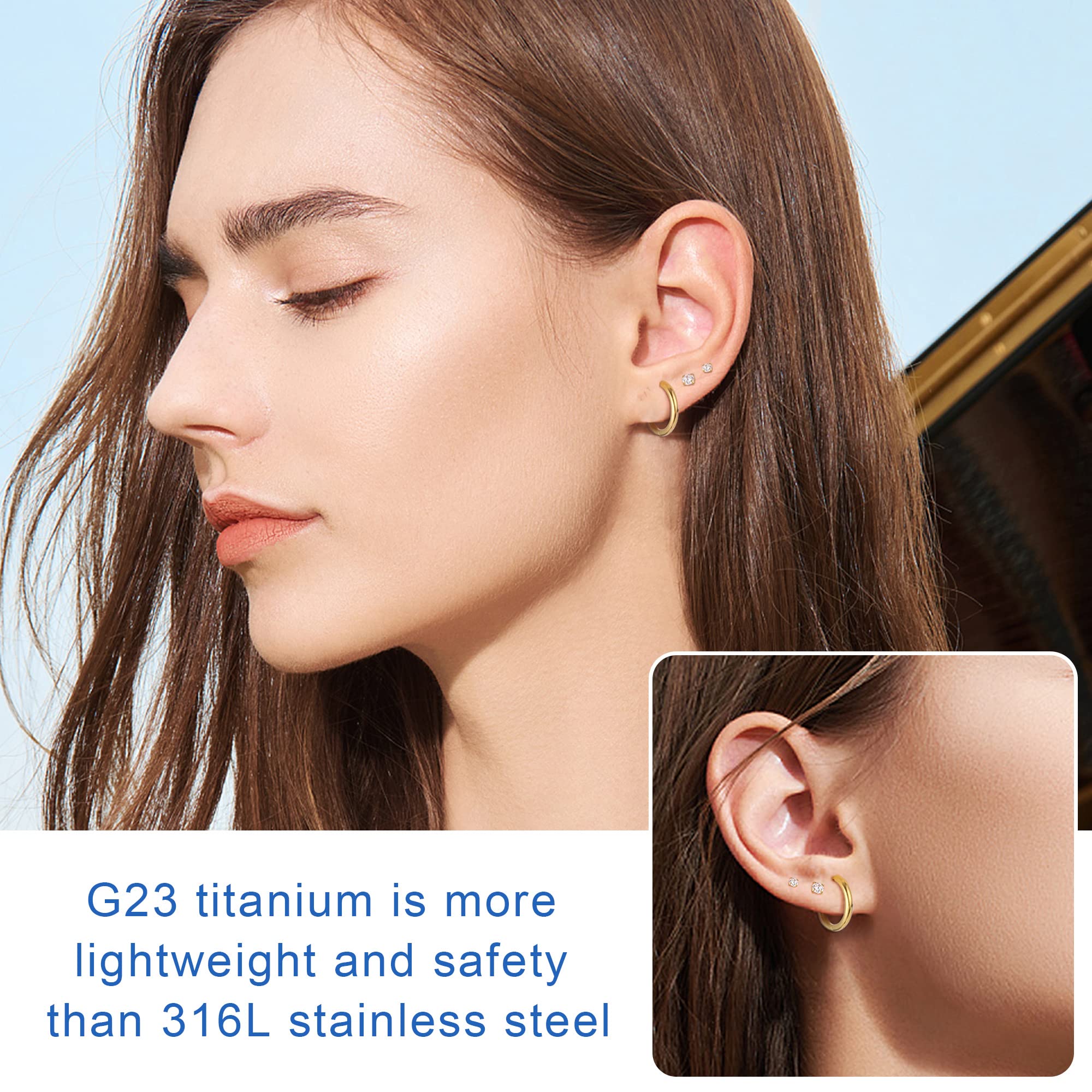 FASACCO G23 Titanium Earrings Set for Multiple Piercing Hypoallergenic Earrings 2MM 3MM CZ Ball Gold Stud Earrings Set