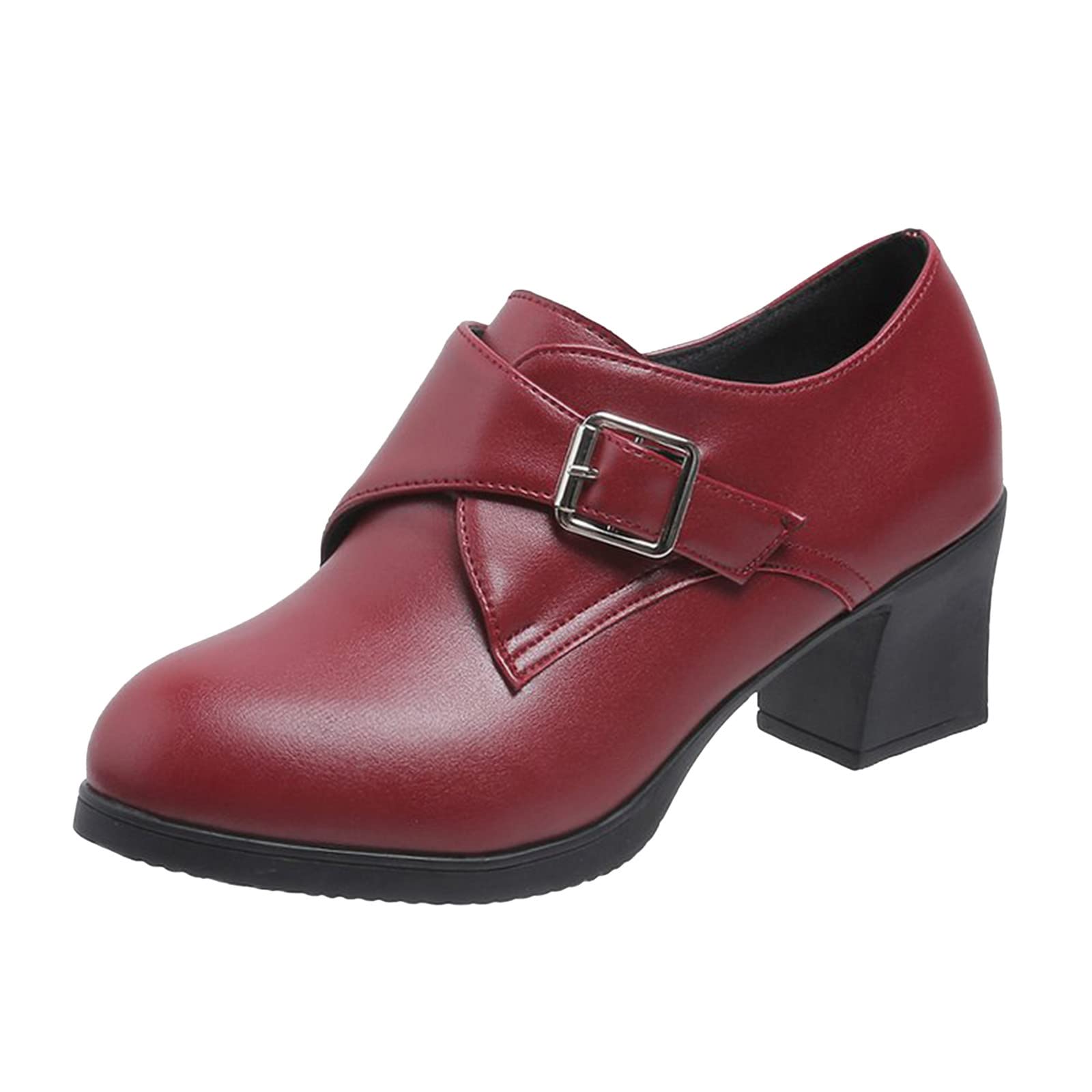 FASDNENDYS Ladies Fashion Solid Color Leather Belt Buckle Chunky High Heel Pumps Casual Shoes 2 Inch High Heels Wine