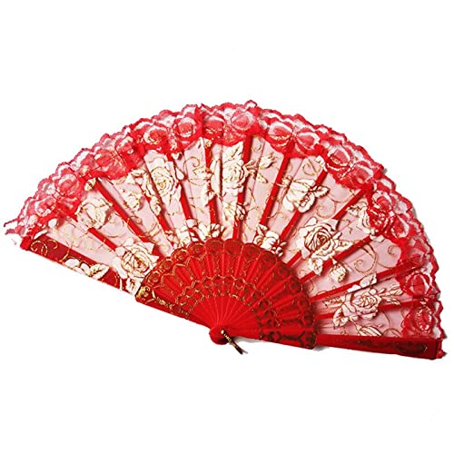 Folding Fan 1Pcs Chinese Style Folding Fan Lace Hand Held Rose Flower Folding Fan Dance Party Wedding Decor Ventilador Plegable Christmas Fan (Black)