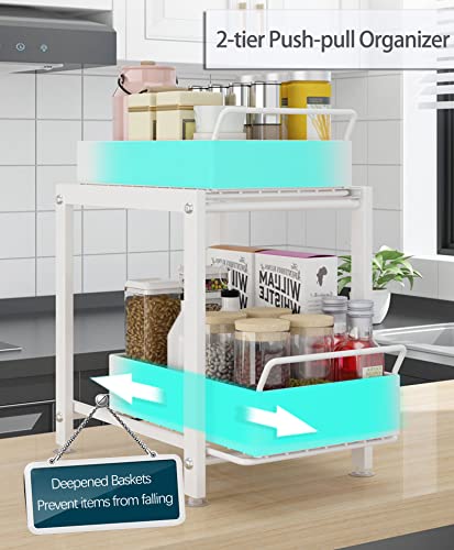 Metal Under Sink Organizers and Storage for Kitchen Undersink Organizers for Bathroom 2 Tier Pull-out Sliding Drawers Undersink Cabinet Organizer with Anti-rust Coating Handles White