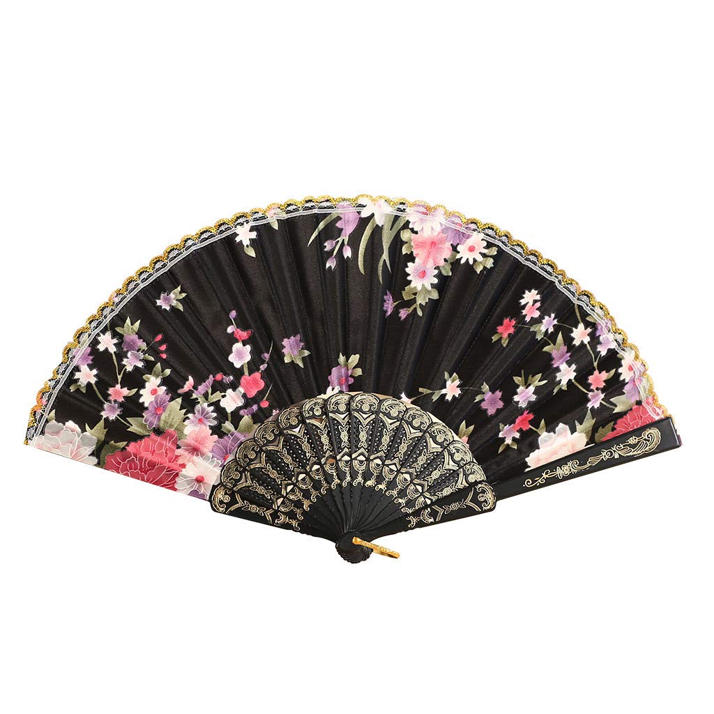 Folding Fan Chinese Style Hand Held Folding Dance Fan Wedding Party Lace Silk Folding Hand Held Flower Fan Summer Wedding Fan Party (Color : L)