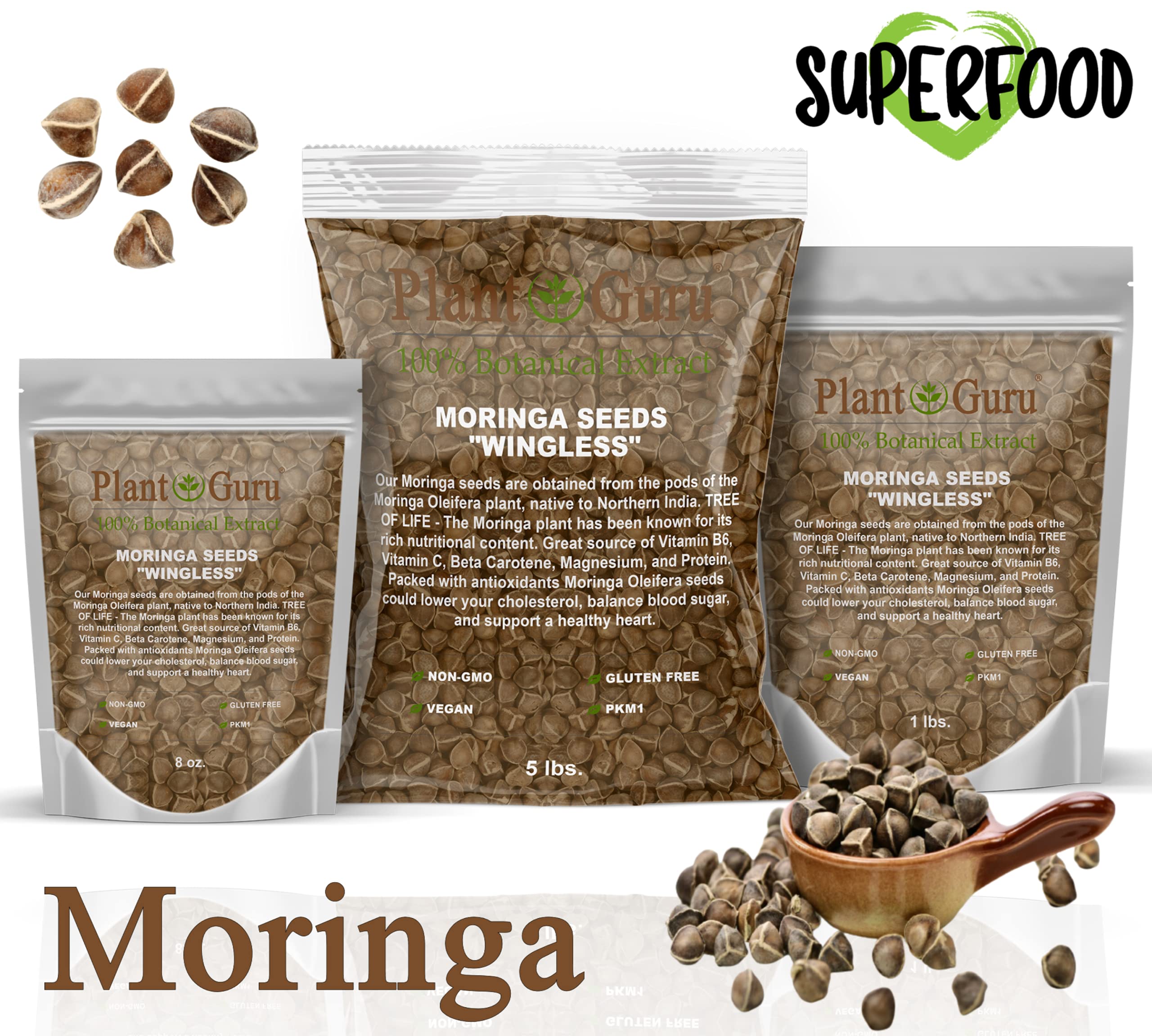 Moringa Seeds Wingless 1 lb. Wide Mouth JAR - PKM1 Variety - Edible Snacking - Planting - Moringa Oleifera - Malunggay - Semillas De Moringa - Drumstick Tree - Non-GMO - 1600 to 2000 Seeds