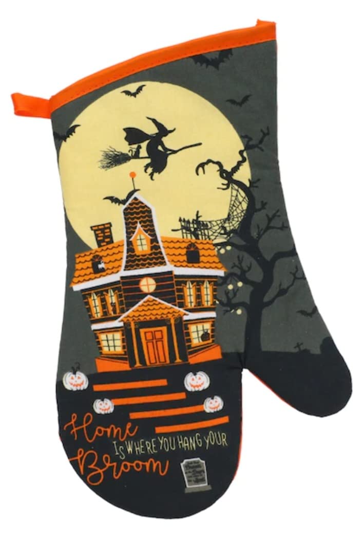 Greenbrier International Halloween 5 Piece Kitchen Linen Set Home is Where You Hang Your Broom, Orange, Black, Yellow, Printed