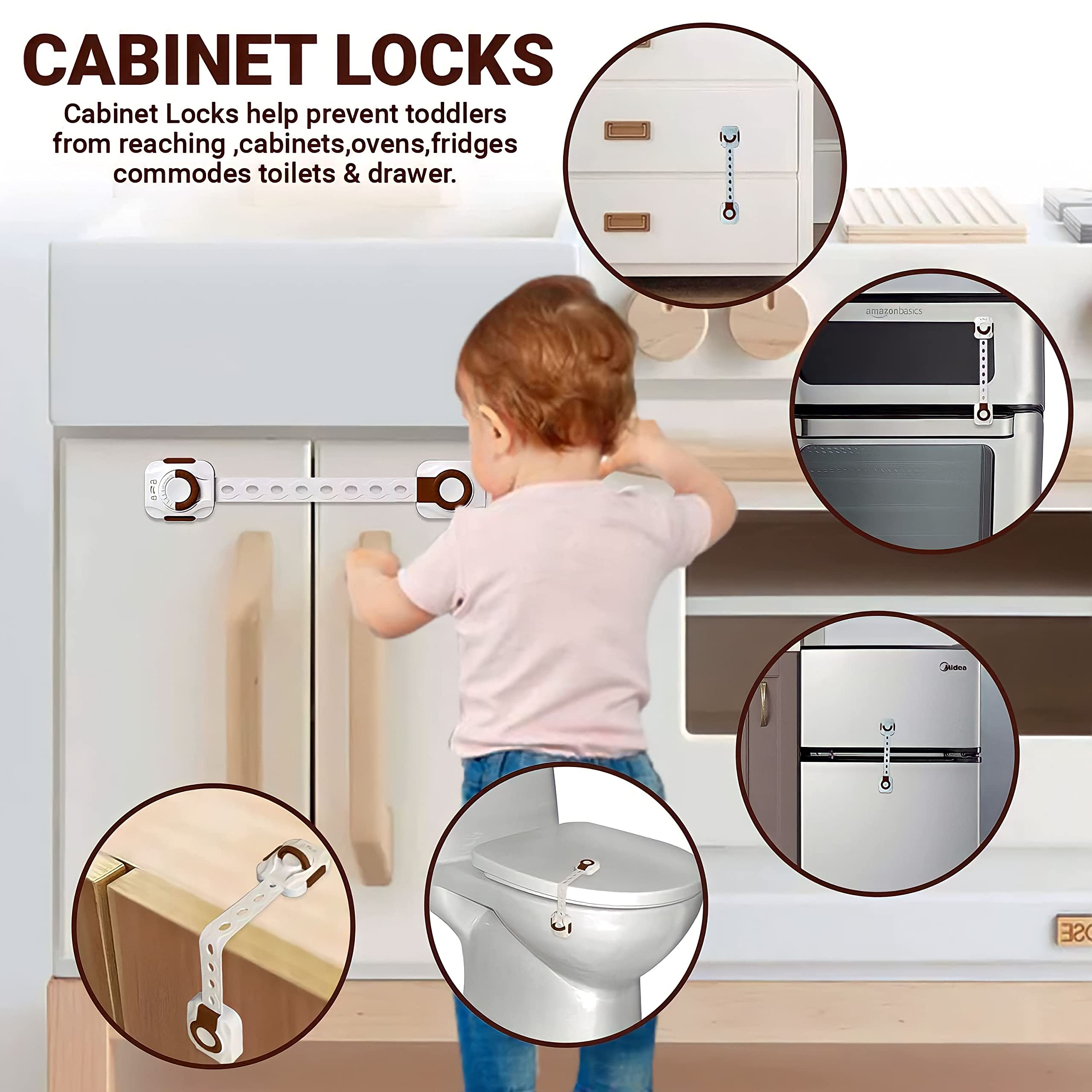 KP'S Baby Proofing Kit - 10 Child Proof Cabinet Locks for Babies - 8 Baby Proofing Outlet Covers - 8 Corner Protector Baby - Extra 10 + 12 Adhesives - 26 Pack (White)