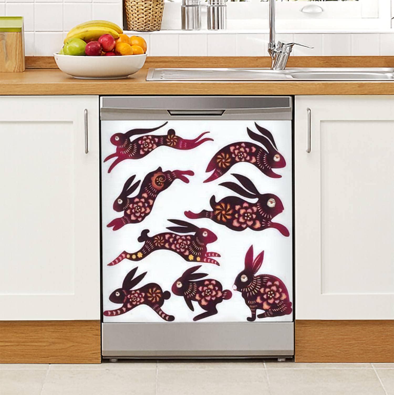 Dishwasher Magnet Cover Chinese Zodiac Rabbit Design Magnetic Refrigerator Stickers Decorative Appliance Cover Fridge Panels Metal Door Garage 23" Wx26 H