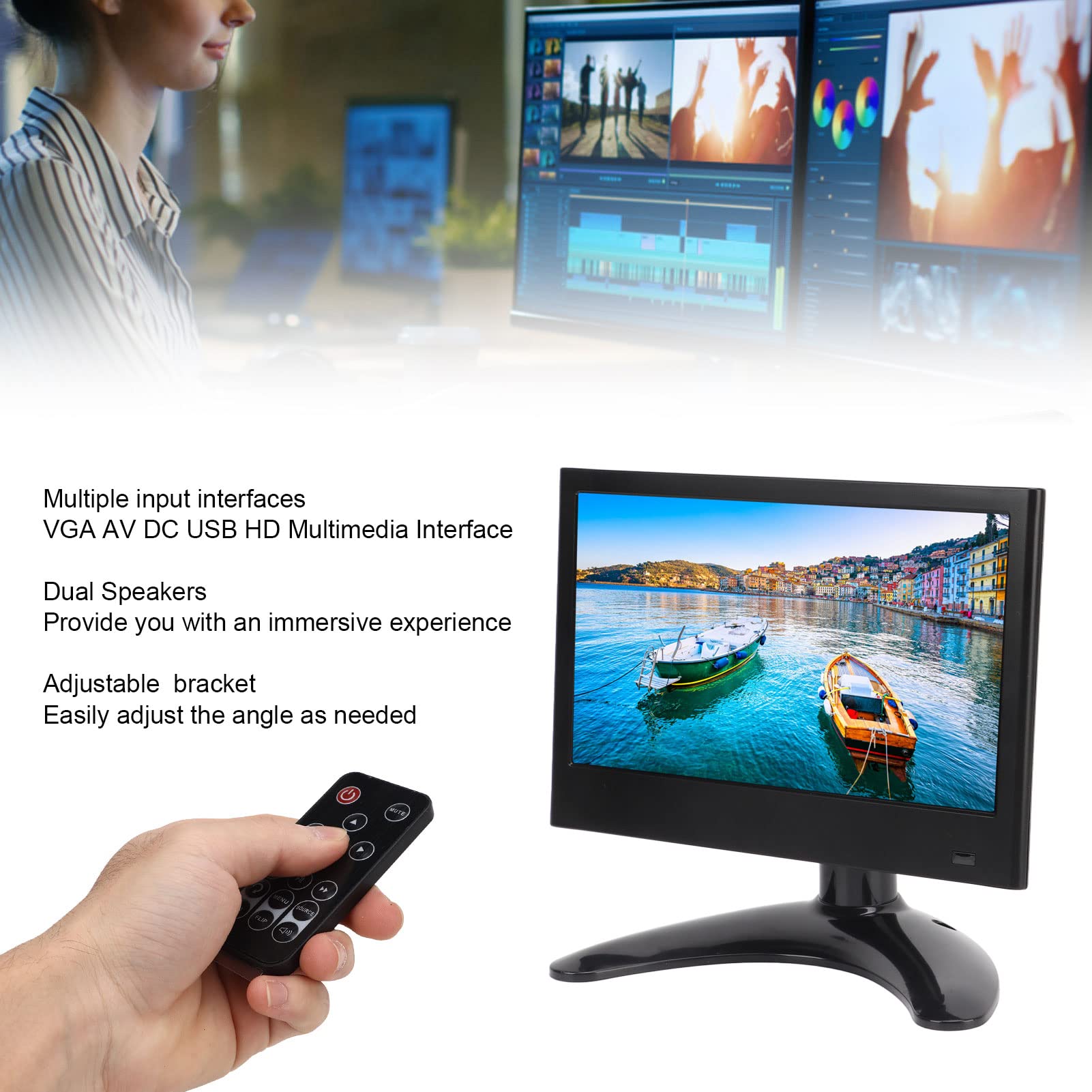 GLOGLOW Portable Monitor, 7 Inch Adjustable Bracket Gaming Monitor 1024x600 VGA AV DC USB for Replacement Parts (US Plug)