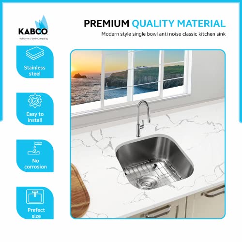 KABCO 16 Inch Square Single Bowl Stainless Steel Classic Kitchen Sink with Kitchen Sink Strainer, Garbage Basket and Sink Grid, 18 Gauge Undermount Rust Resistant Sound and Heatproof Swirl Finish Sink