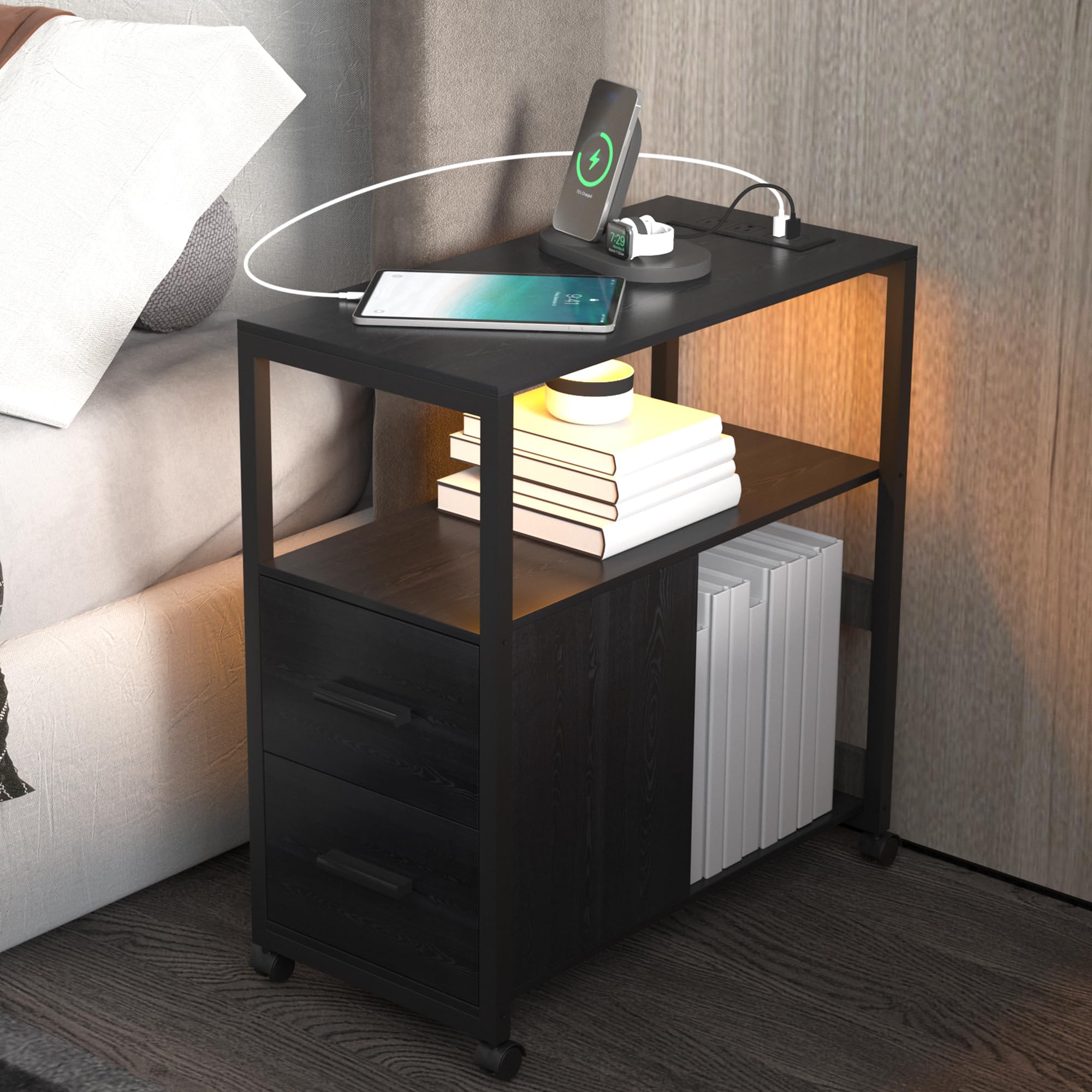 Rietolax Narrow Side Table with Charging Station, End Table with Led Light, Black Nightstand with 2 Drawers, 3-Tier Storage, Wheels and USB Ports & Outlets for Bedroom