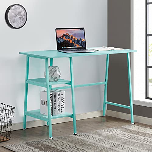 VECELO 43 Inch Computer Writing Home Office with 2 Tier Storage Shelves,Adjustable Feet/Waterproof,Simple Workstation, Blue Desk, 43"