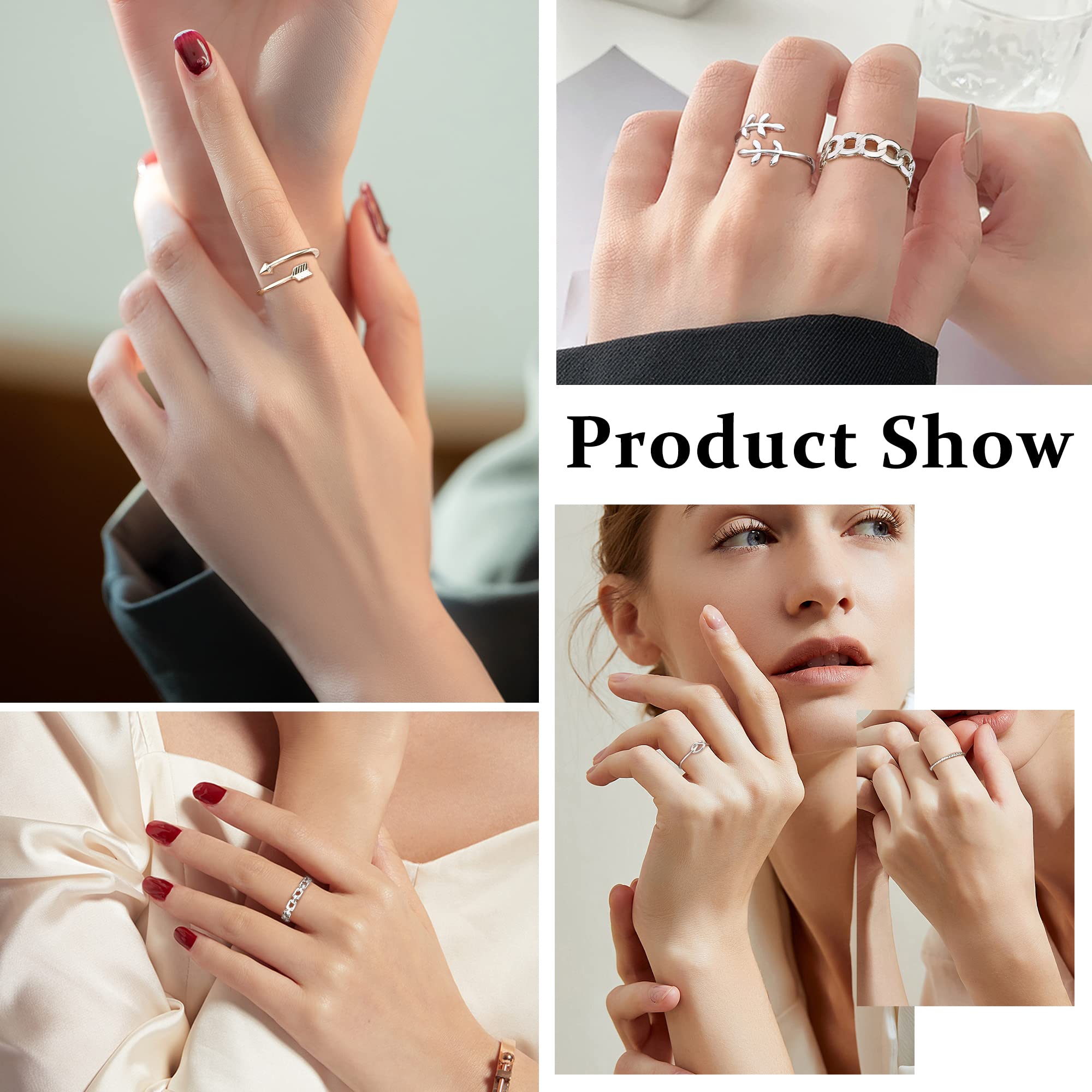 FIBO STEEL 20 Pcs Open Adjustable Rings Set for Women Stackable Finger Rings Pack Cute Hug Arrow Knot Moon Star Chain Link Rings Minimalist Rings Set