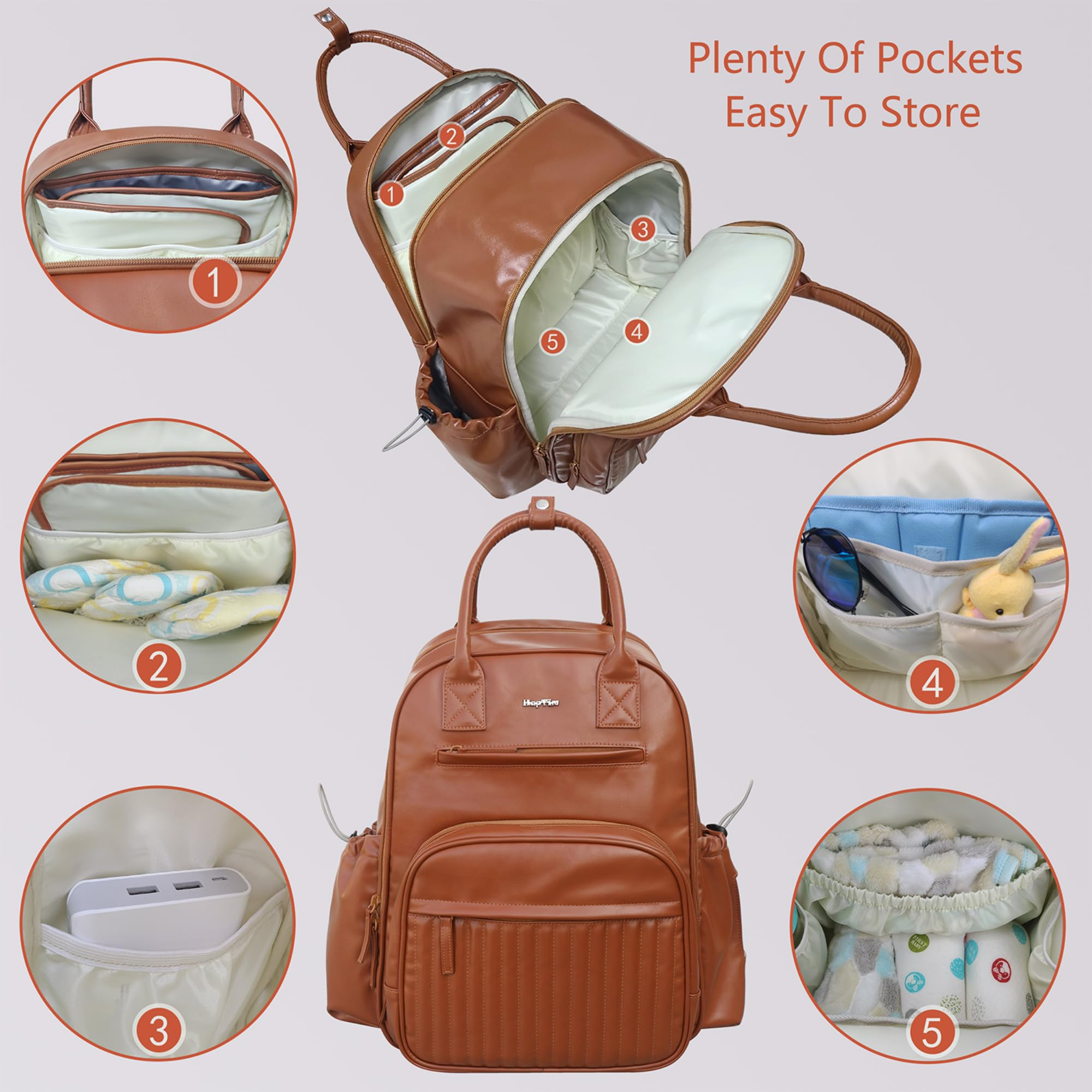 Hap Tim Diaper Bag Backpack, Leather Baby Bag with Changing Pad,19 Pockets, 2 Clear Makeup Bags, 2 Stroller Clips, Baby Registry Search, Brown(K2252-BR)