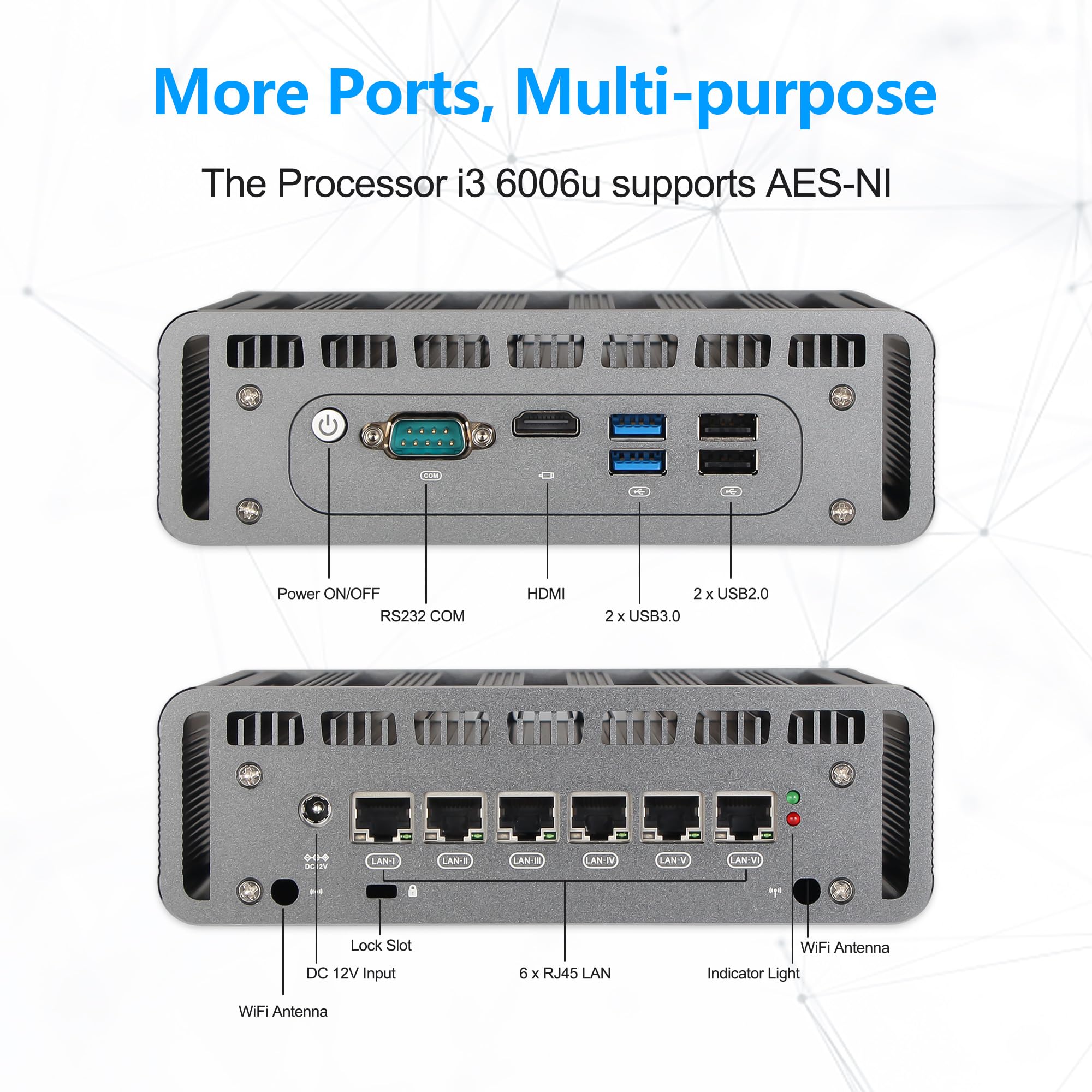 VNOPN Micro Firewall Appliance 6 LAN Intel Core i3 6006U 8GB DDR4 128GB SSD, 6 Intel i211 NIC Gigabit Ports Industrial Fanless Mini PC, Network Soft Router Mini Computer, Support AES NI/WiFi