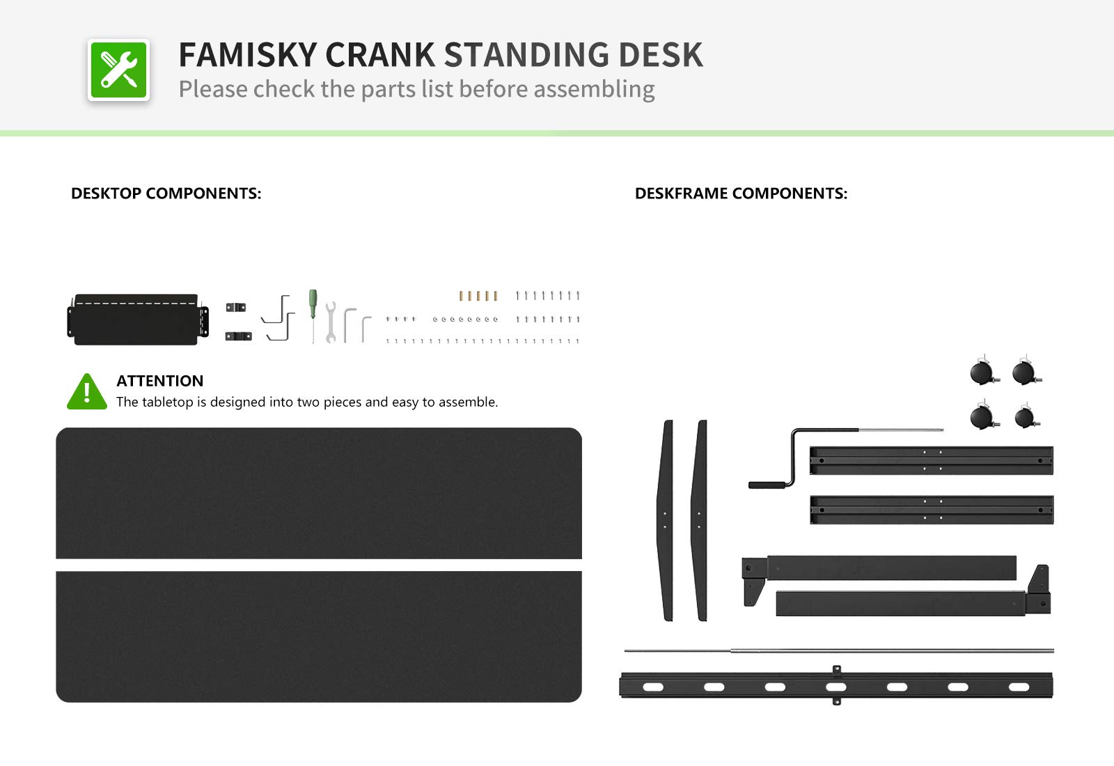FAMISKY Crank Adjustable Height Standing Desk, 48 x 24 Inches Manual Stand up Desk, Sit Stand Workstation for Home Office with Handle and Splice Board, Black Frame/Black Top