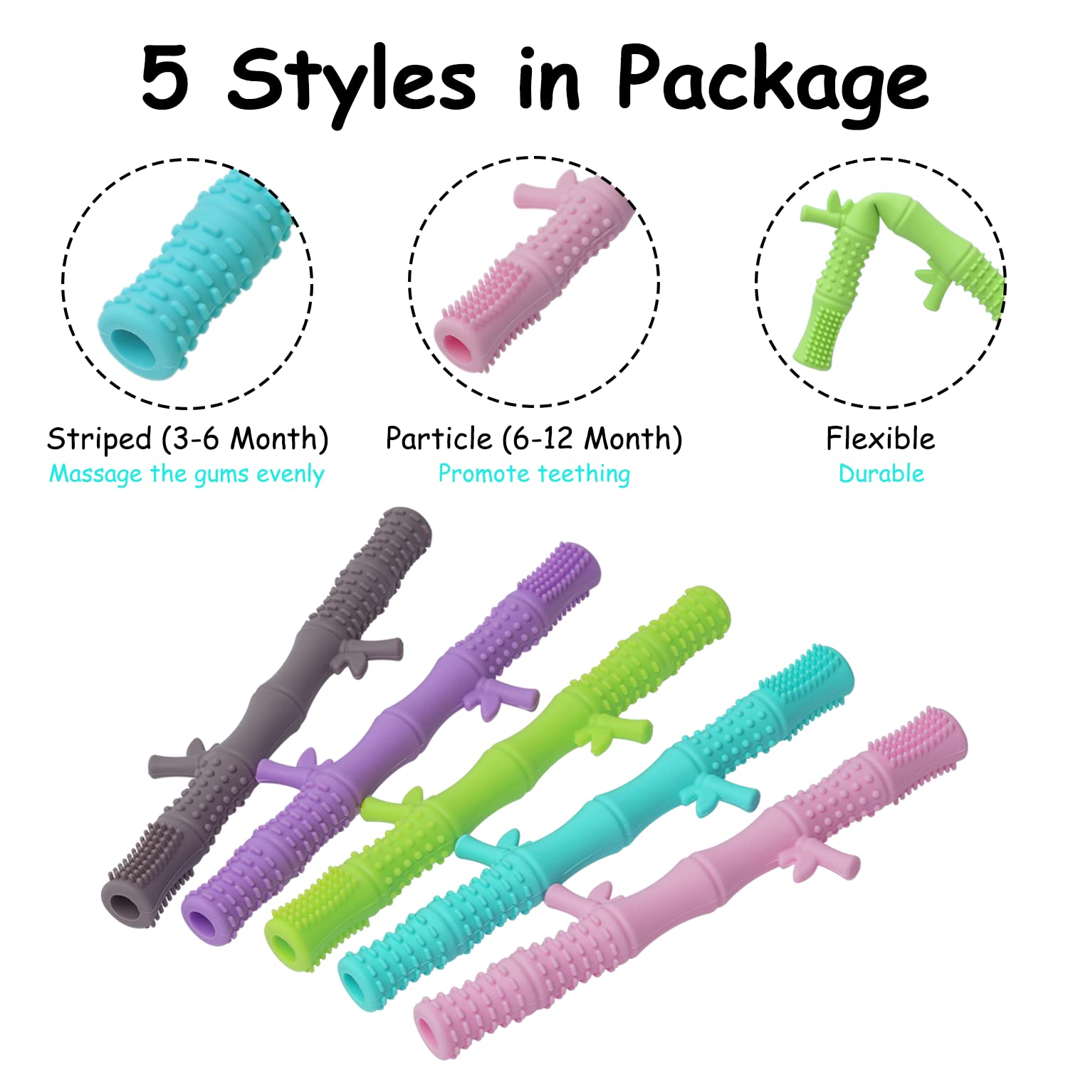 Hollow Teether Tubes, 5 Pack Chew Straw Toy with 2 Brushes, Windolphin Teething Toys for Babies 0-12 Months, Baby Molar Toy, Free BPA, Dishwasher and Freezer Safe