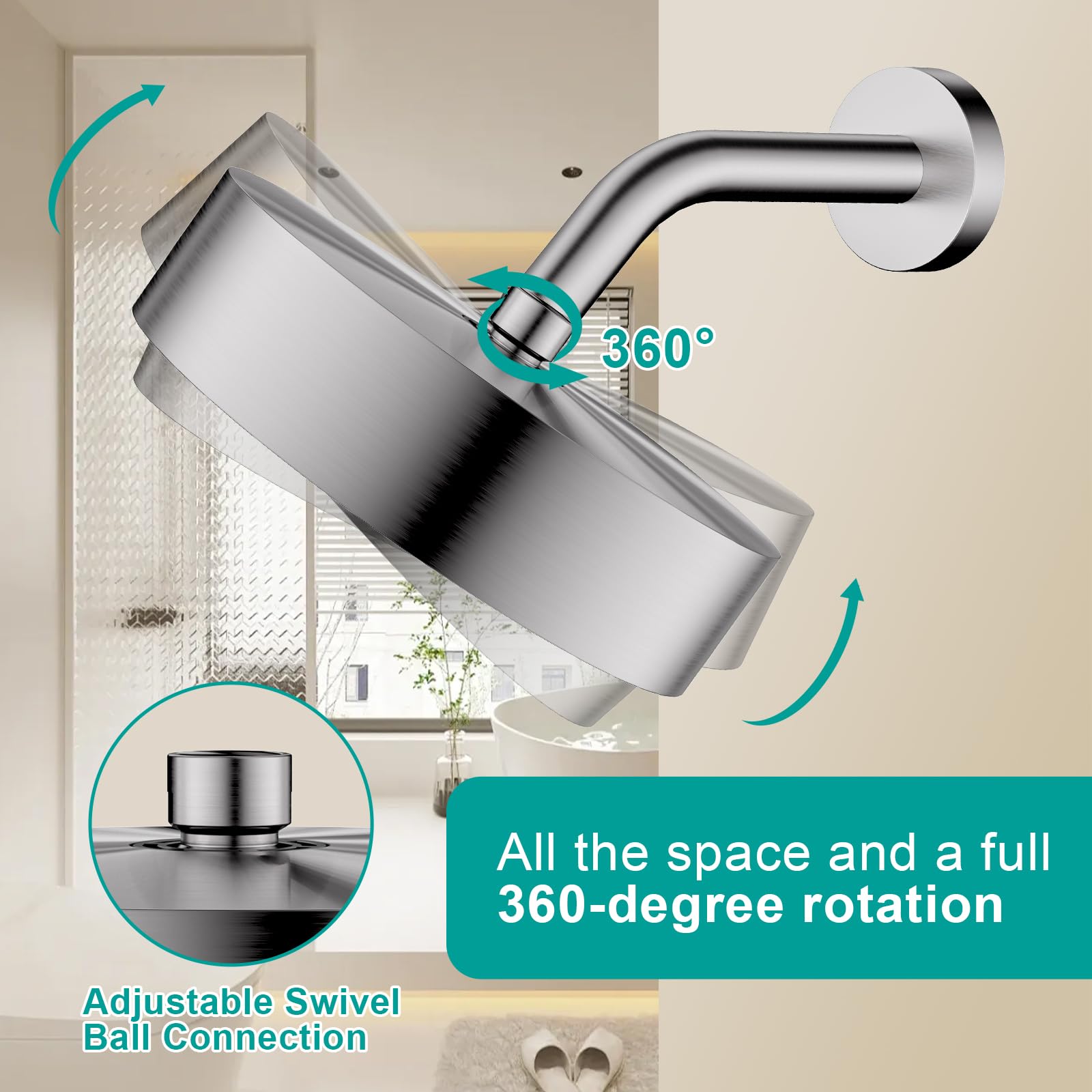 Rainfall Shower Head - 8" Thickened High-Pressure Shower Heads with Anti-Clog Rubber Jets - 360° Rotation Adjustable Shower Head - 1.8 GPM Flow Restrictor Replacement (Brushed Nickel)