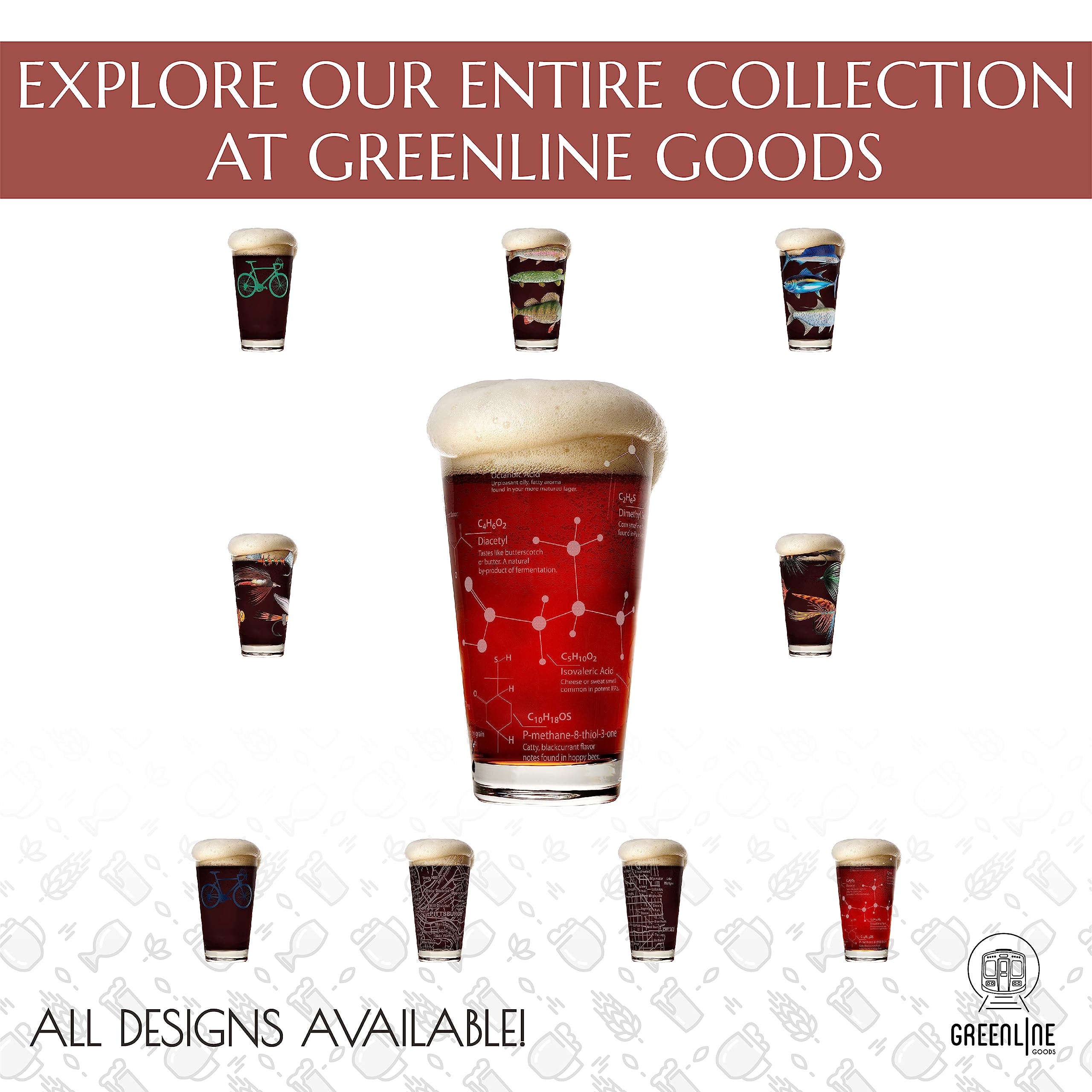 Greenline Goods Beer Glasses - 16 oz Pint Glass (1 Glass) β Science of Beer Glassware - Etched with Beer & Hops Chemistry Molecules