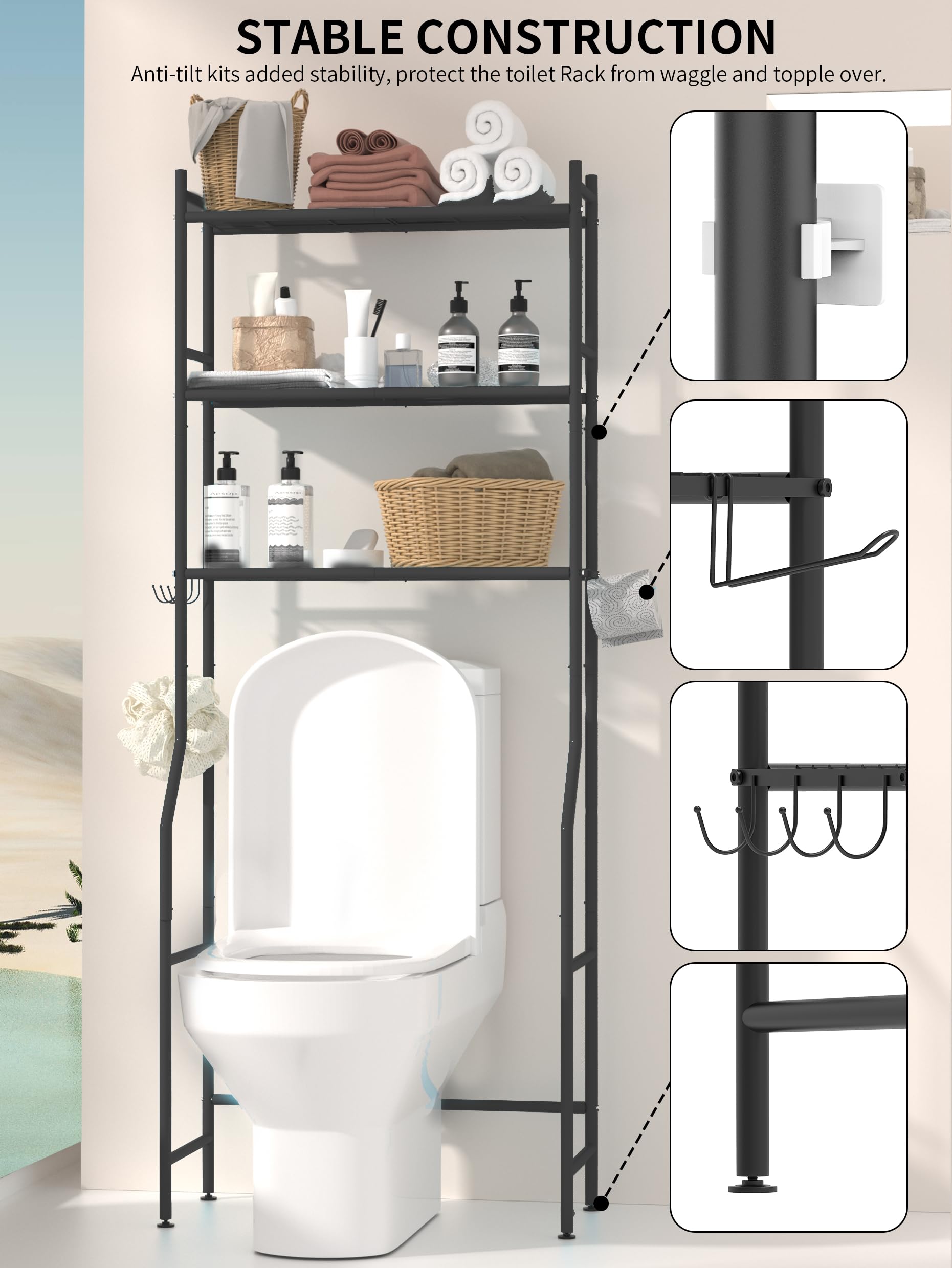 GloTika 3-Tier Over The Toilet Storage, Space Saver Metal Bathroom Shelves, Freestanding Above Over Toilet Storage Shelf with 4 Hooks for Bathroom, Black
