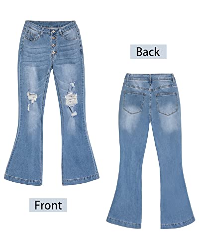 Utyful Women's High Waist Button Fly Ripped Jeans Stretchy Flare Denim Jeans Bell Bottom Pants Button Fly- Light Blue Medium