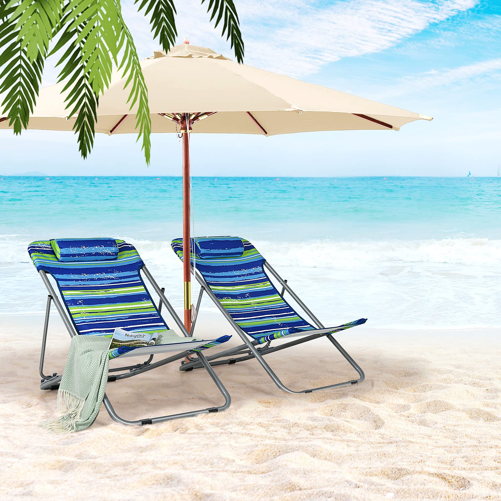 Giantex Beach Chair for Adults Camping Chair Set, Sunbathing Backpack Folding Recliner with 3 Adjustable Position, Lockable System, Headrest, Non-Slip Foot Pads, Lightweight Sand Chair (2, Green)