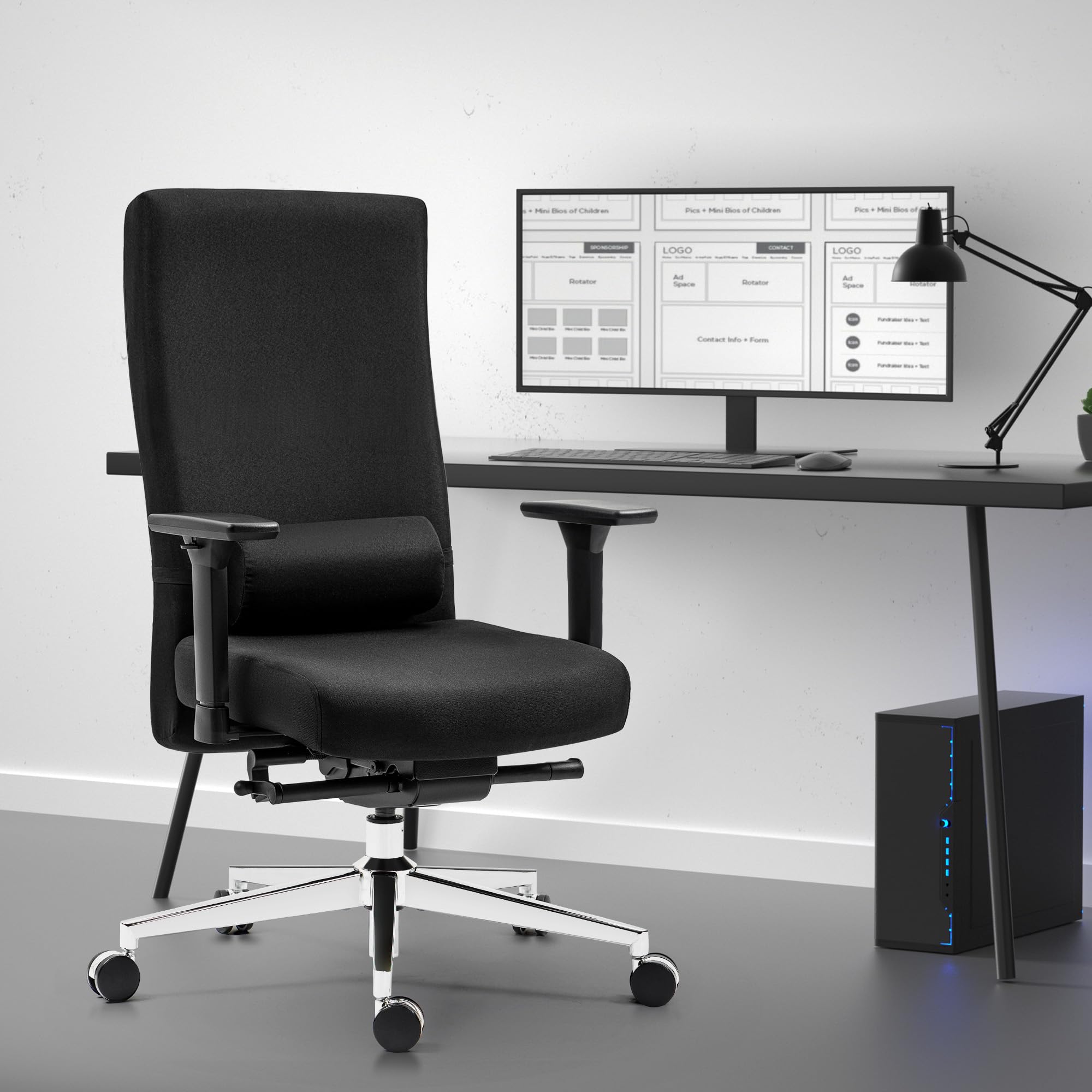 Dowinx Ergonomic Office Chair with Adjustable Seat Depth, Reclining Desk Chair with Lumbar Support, Fabric Computer Chair with 3D Armrest for Adults 350Lbs, Task Chair for Home Work, Executive Black
