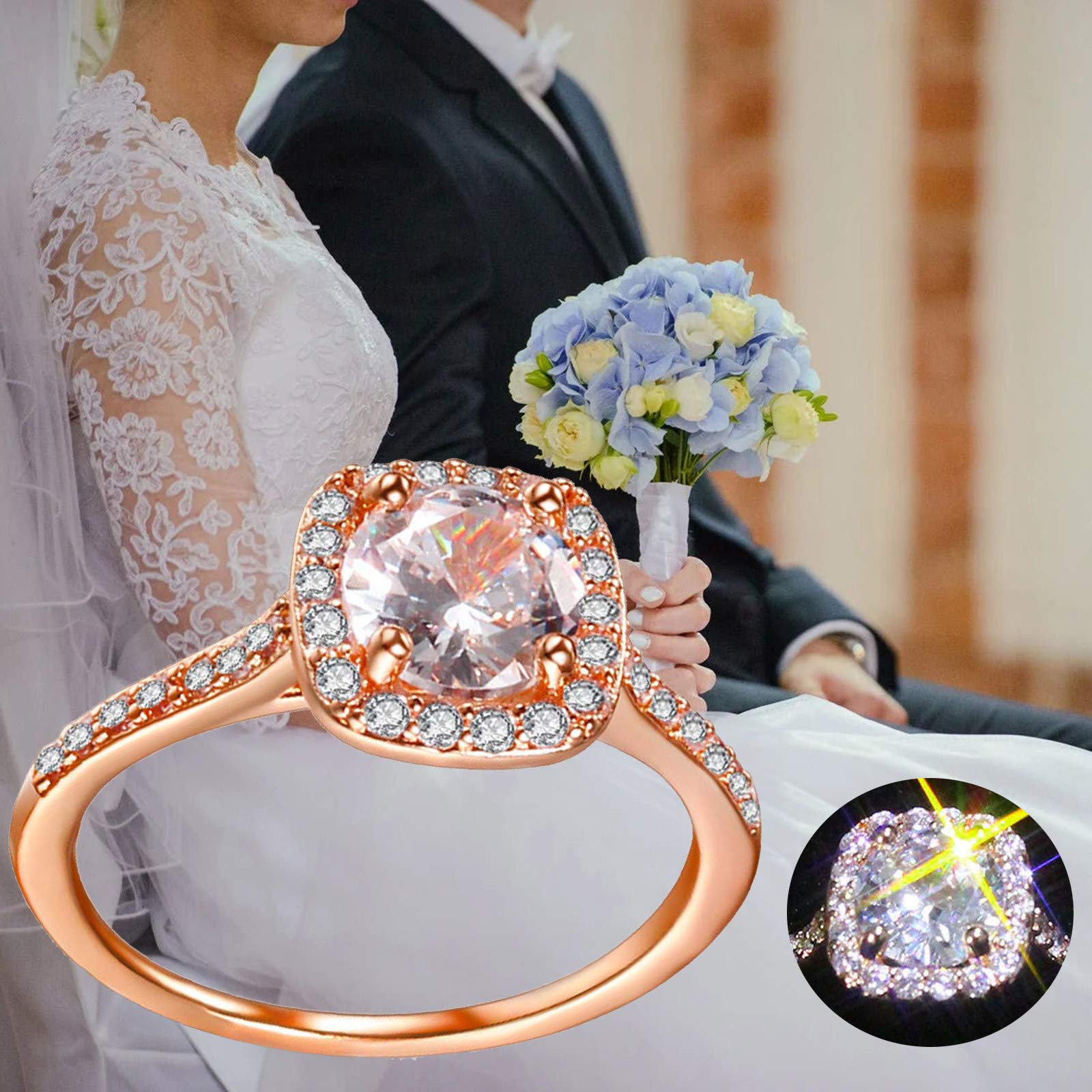 Fragarn 2Pcs Bohemian Engagement Rings,14K Gold Plated Sterling Silver Rings,Simulated Diamond Stackable Ring Eternity Bands for Women(Rose Gold,8)