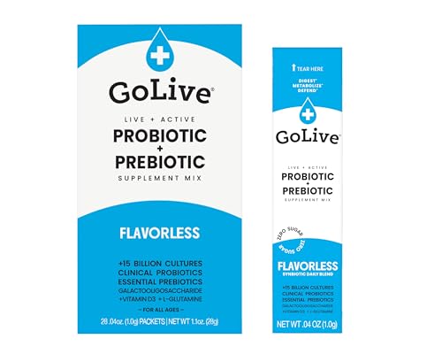 GoLIVE PROBIOTIC + PREBIOTIC SYNBIOTIC POWDER BLEND, Flavorless/Sugarless,for Women, Men & Kids For Better Gut Health,Digestion,Metabolism,Immunity, 10B-50B CFUs, Bimuno GOS+Vitamin D3+L-glutamine