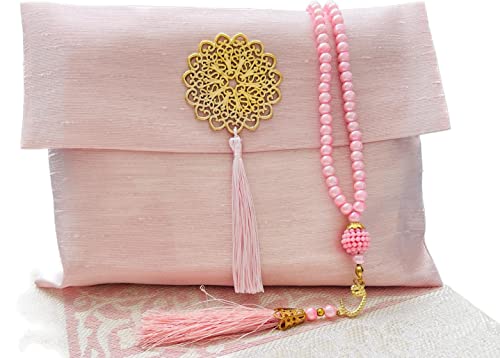 Muslim Prayer Rug and Beads with Elegant Slub Fabric Bag | Janamaz | Sajadah | Soft Islamic Prayer Rug | Islamic & Mawlid Gifts | Prayer Carpet Mat, Taffeta Fabric (Pink, 1 Sets)