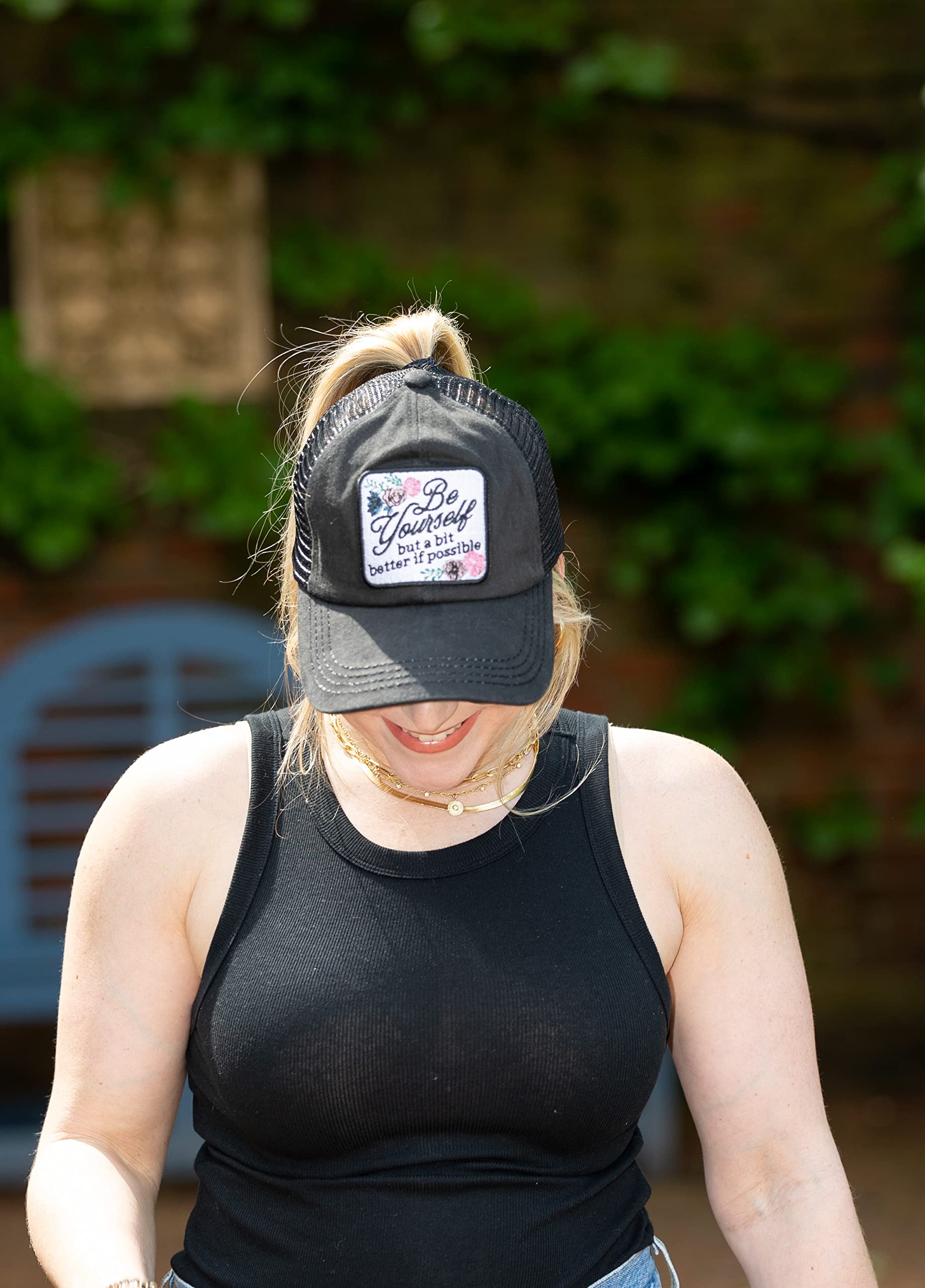 Funky Junque Criss Cross Hat Womens Baseball Cap Distressed Ponytail - Happy Camper - Black Camo