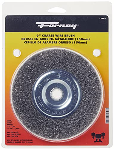Forney 72745 Wire Bench Wheel Brush, Coarse Crimped with 1/2-Inch and 5/8-Inch Arbor, 6-Inch-by-.012-Inch