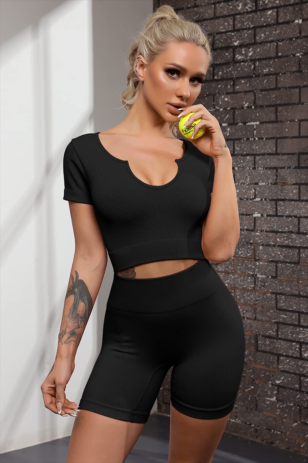FAFOFA Ribbed Booty Shorts for Women High Waist,Seamless Workout Short Sleeve Crop Top 2 Piece Outfits Set M,Black(FAFCLS3077BL-M)