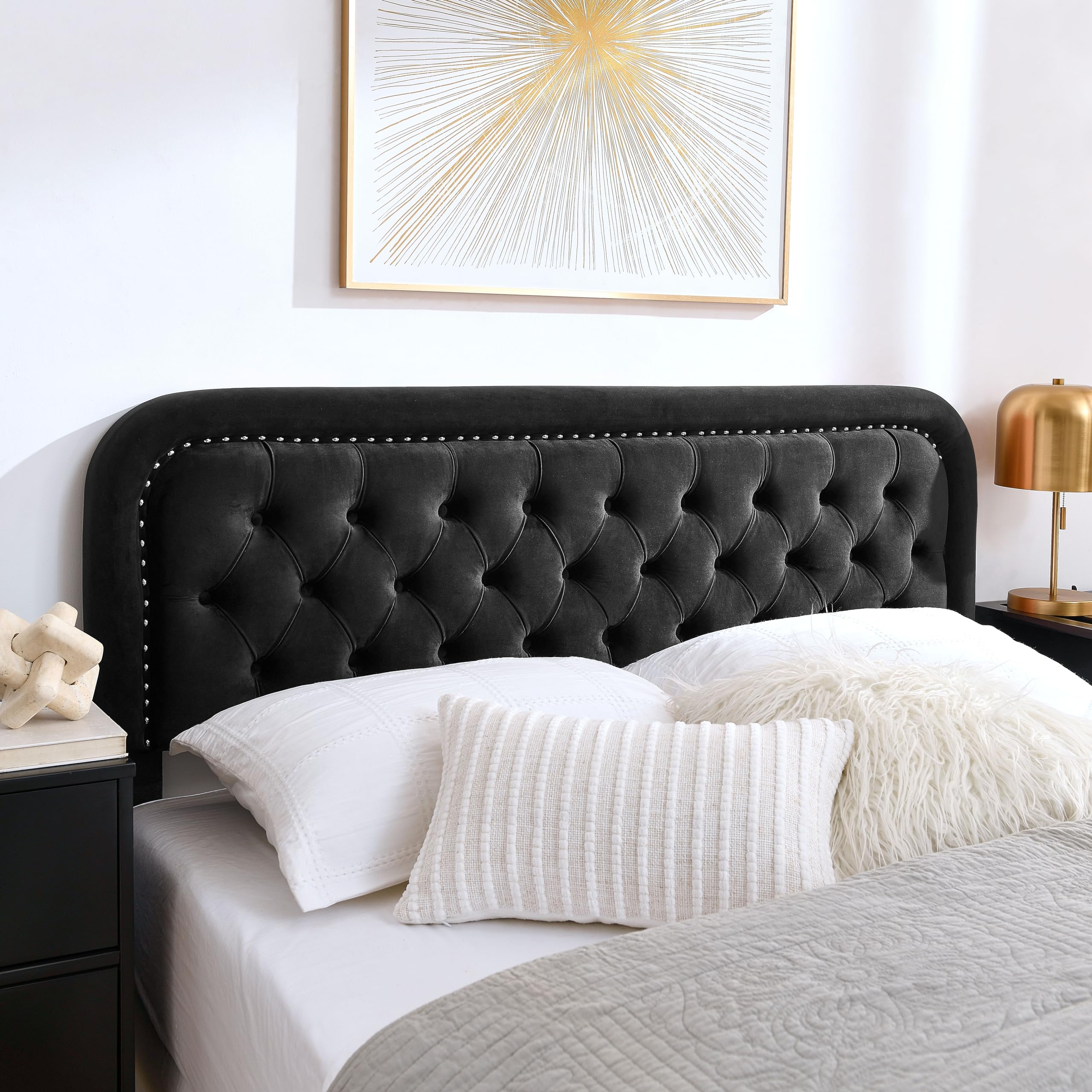 Niccae Velvet Soft Cushion Tufted Button Headboard, Modern Minimalist Rectangular Velvet Mattress Headboard, Filled with High-Density Sponge Cushion Backrest (F Black)