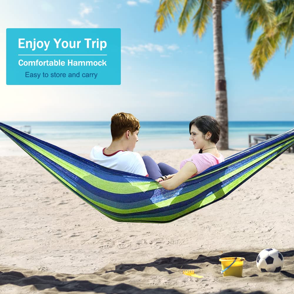MOSFiATA Hammocks Portable Camping Hammock Upgraded 550lb Comfortable Fabric Hammock with Two Anti Roll Balance Beam and Sturdy Tree Straps for Camping, Patio, Backyard, Outdoor (Blue Green)