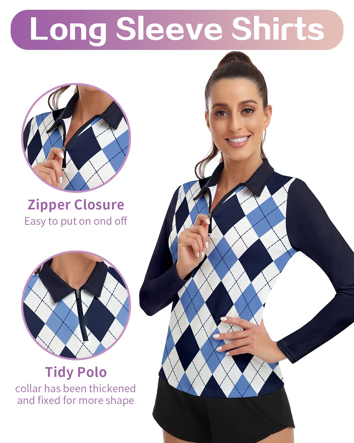 Golf Shirts for Women Dri Fit Moisture Wicking Tennis Shirts Long Sleeve Half Zip Active Tops (Color-Printed,2XL)