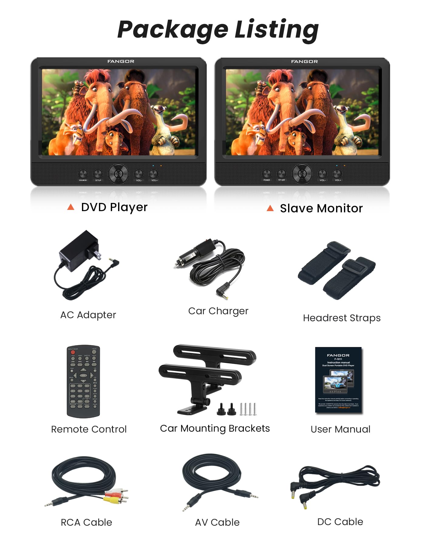 FANGOR 10.5'' Car DVD Player Dual, Portable DVD Player for Car with 5 Hours Rechargeable Battery, Two Mounting Brackets, Support USB/SD, AV Out & in, Last Memory, (1 Player + 1 Monitor)