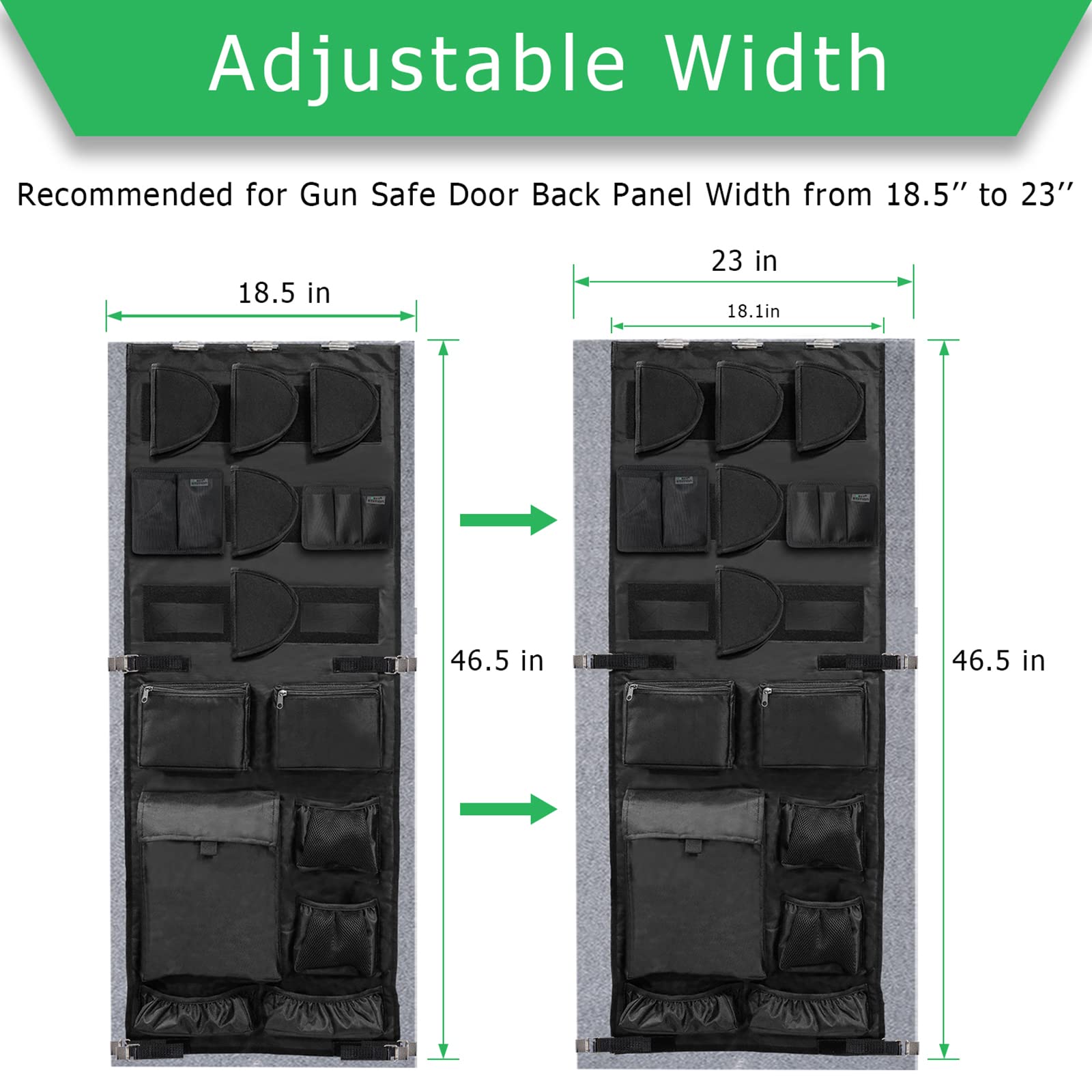 Gun Safe Door Organizer,Gun Safe Door Panel Organizer with Removable Pistol Holders Mag Pouch,Adjustable Width Fit Door Panel from 18.5 to 23 inches,Gun Safe Accessories Storage (18W*46.5H inch)