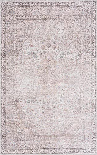 Hauteloom Holi Collection Antebi - Machine Washable Oriental Persian Living Room Kitchen Bedroom Dining Room Area Rug - Neutral Vintage Distressed Boho Style - Beige, Brown, Cream - 7'10"x10'3"