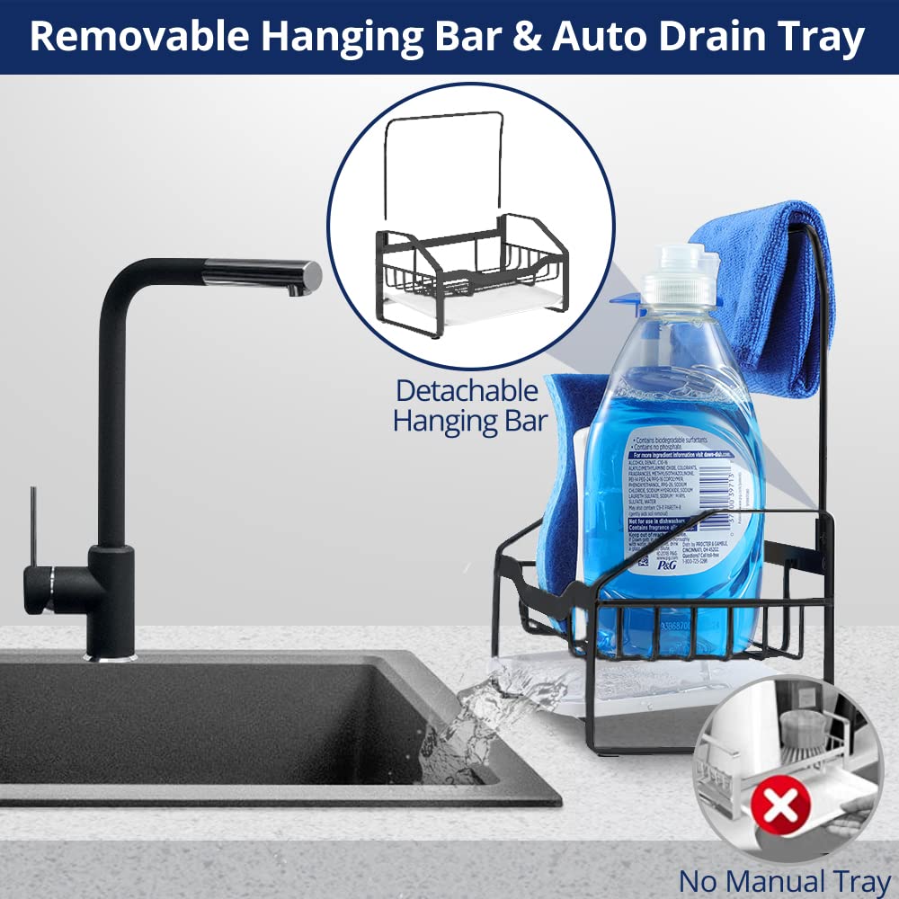 Forprim Kitchen Sink Caddy Sponge Holder,Kitchen Sink Organizer with Auto Drip Tray,Stainless Steel Dish Sponge Holder for Kitchen Sink Countertop with Detachable Dish Towel Bar (Black)