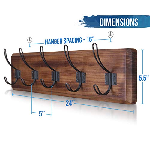 Matching Wall Mounted Coat Hooks Set - Beautiful Entryway Shelf and Coat Rack with Hooks, 24" | Solid Pine Wood | Perfect Touch for Your Bathroom, Kitchen, Mudroom | Rustic Brown