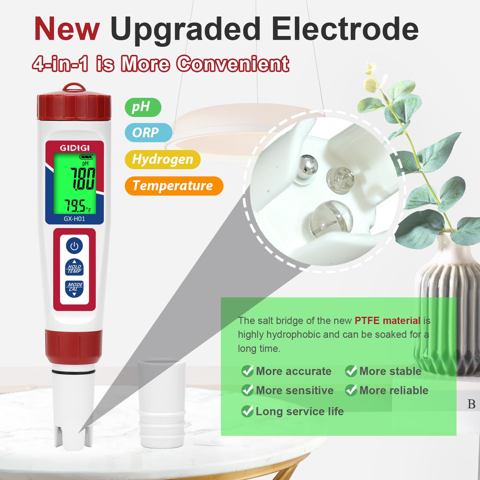 Hydrogen Tester, GIDIGI pH Meter, Digital pH TDS Meter for Water, Accurate ORP Meter, 4 in 1 pH H2 ORP Temp Test kit for Hydrogen Water Bottle, Hydrogen Water ppb/ppm Tester with ATC