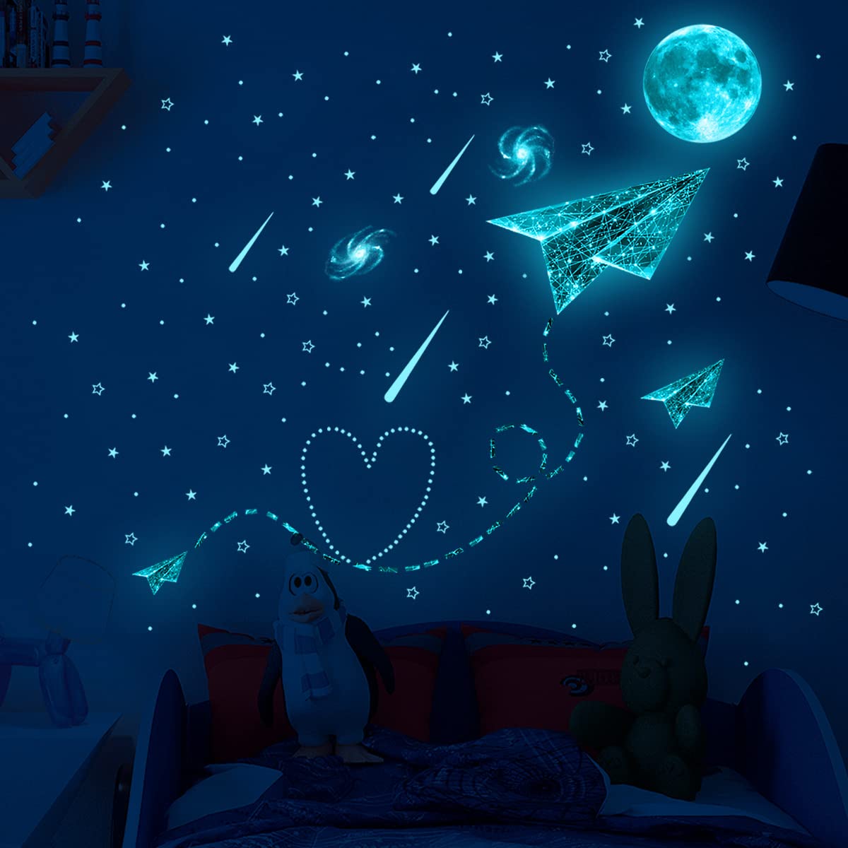 Glow in The Dark Starry Sky Wall Decals for Ceiling Luminous Paper Plane Galaxy Wall Stickers for Baby Kids Nursery Bedroom Ceiling Decor