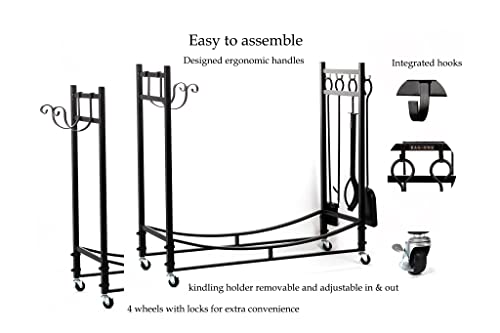 KAG ONE Firewood Storage Rack with Kindling Holder, Black, Metal, 33.4"L x 13"W x 32.9"H, 200 LBS Weight Capacity