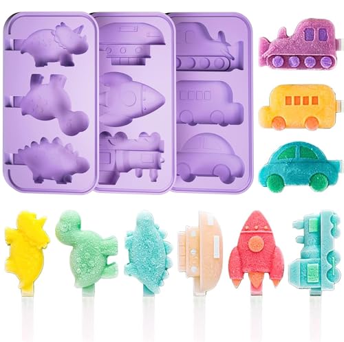Homemade Popsicle Molds Shapes, Silicone Popsicles Molds 3 Pcs, Ice Cream Molds for Adults Kids Food Grade Ice Molds with Reusable Plastic Sticks, Dinosaur Rocket Car Shape Popsicle Maker (Purple)