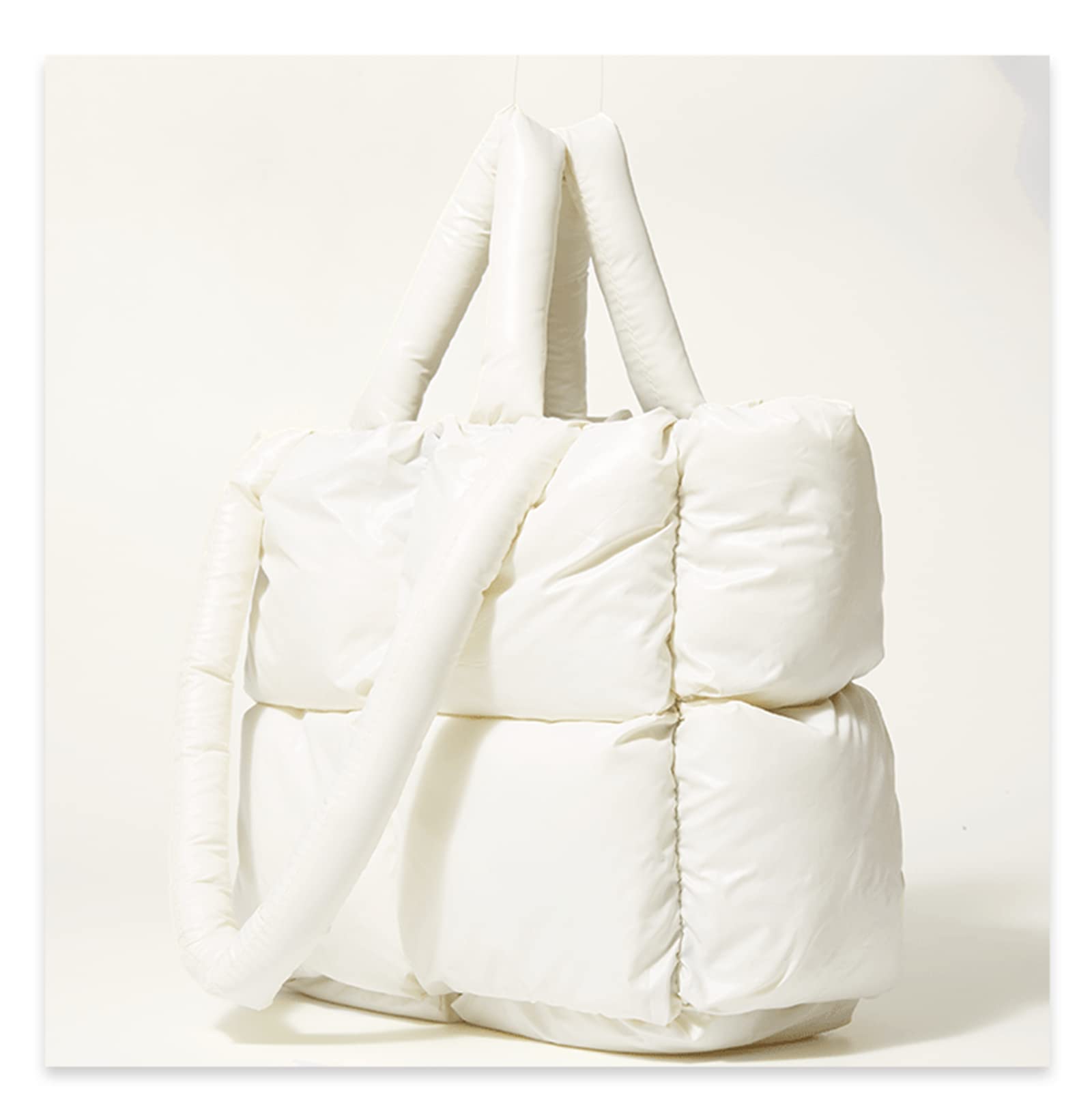 Gimue Women Large Quilted Puffer Tote Bag, Winter Soft Shoulder Cotton Padded Down Handbag Puff Bag Pillow Shopper (White)