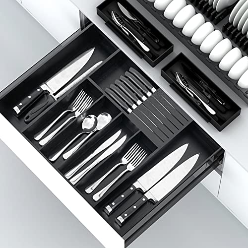 VaeFae Bamboo Silverware Drawer Organizer Kitchen, Expandable Utensil Holder and Cutlery Tray with Divider | 13"-21.6" Flatware Storage and Removable Knife Block (Black)