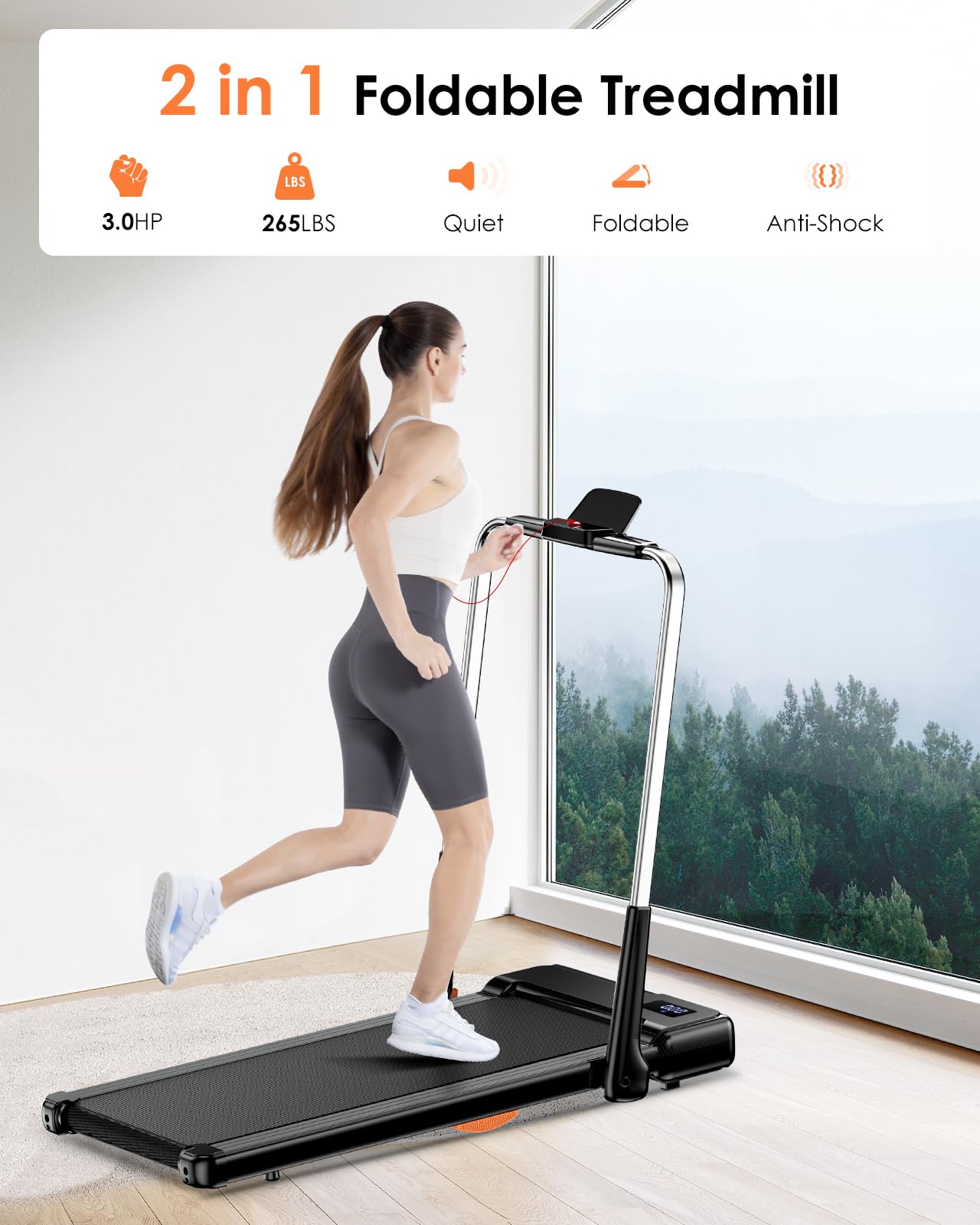 Folding Treadmill Walking Pad 2 in 1, 3HP Foldable Under Desk Treadmill with Ultra Anti-Shock, 16.5" Wider Belt & Handle, Ultra Quiet for Home & Office, Gym, LED Display