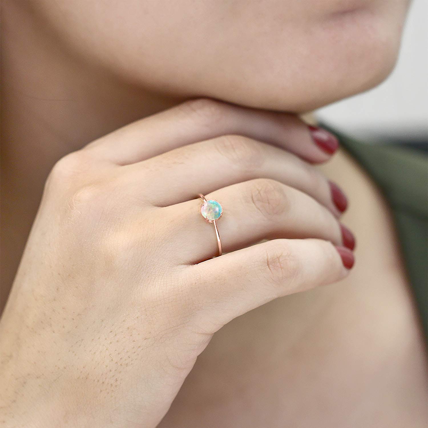 Gem Stone King 10K Rose Gold White Simulated Opal Solitaire Engagement Ring For Women (1.00 Cttw, Round Cabochon 6MM, Gemstone October Birthstone, Size 9)