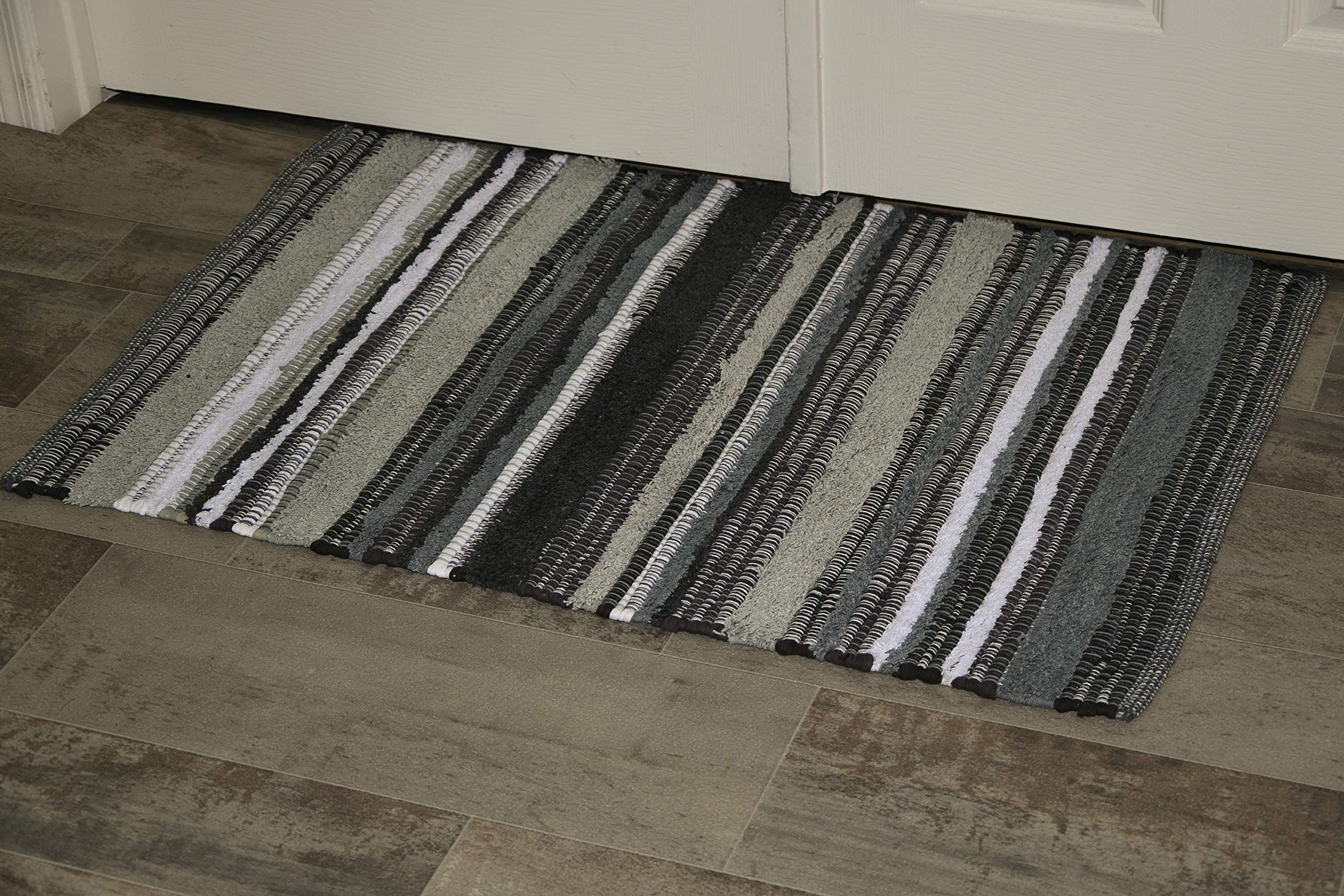 Grey Cotton Striped Door mat Rug Indoor - 2x3' Entrance Entryway Rug Non Slip Kitchen Bath Mat Home Décor, (24 x 36)