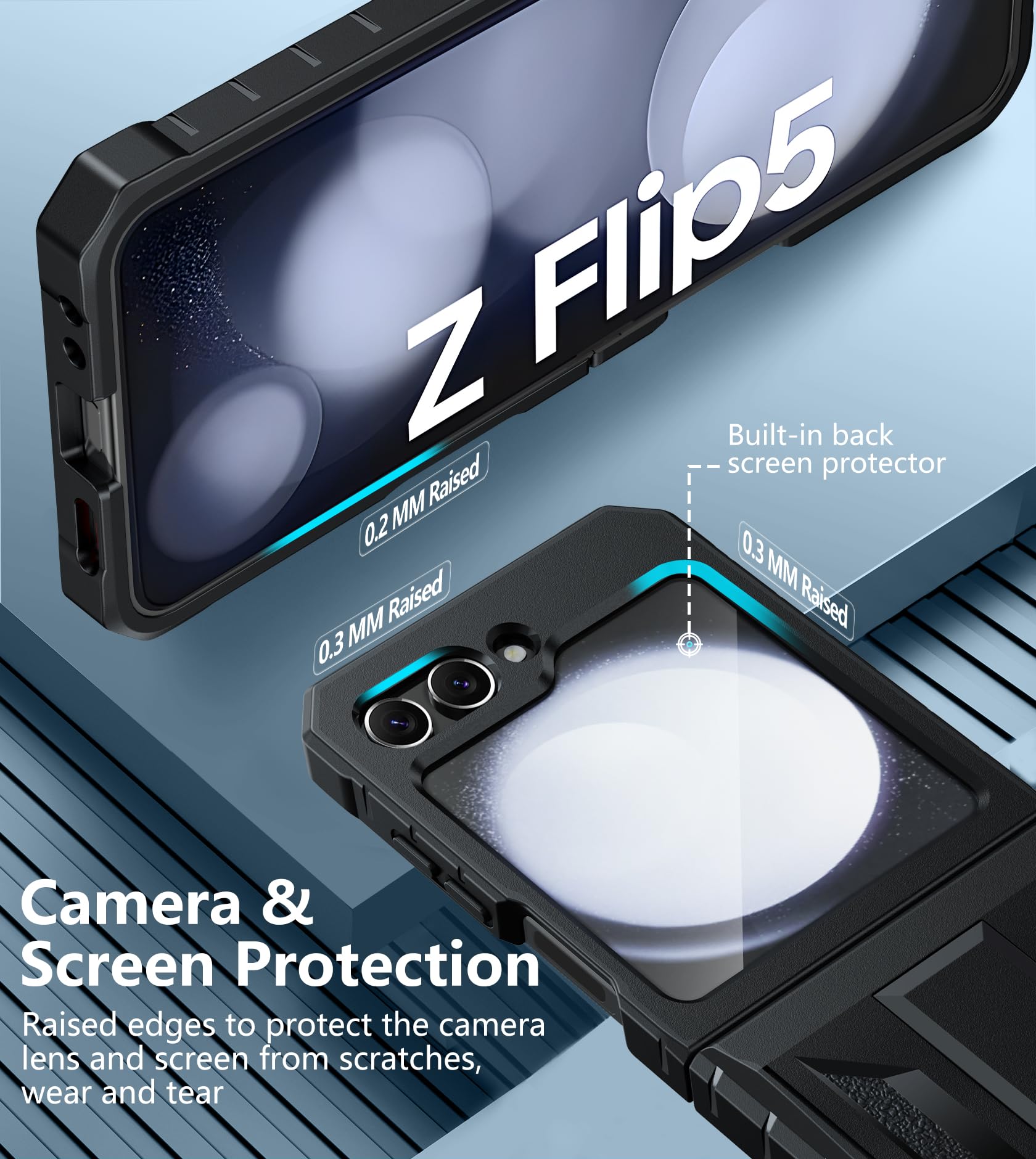 FNTCASE for Samsung Galaxy Z-Flip5 Case: Military Grade Protection Shockproof Cell Phone Cover with Built-in Screen Protector & Kickstand | Protective Rugged Armor Case for Z Flip 5 (2023) - Black