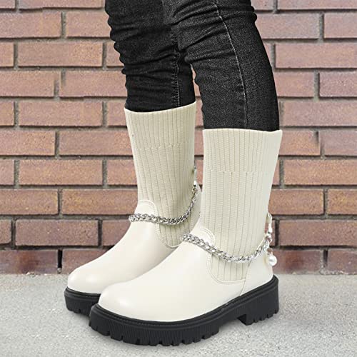 FASDNENDYS Shoes Short Boots Ankle Heels Women's Leather Chunky Casual Fashion Roman Women's Chestnut Boot White