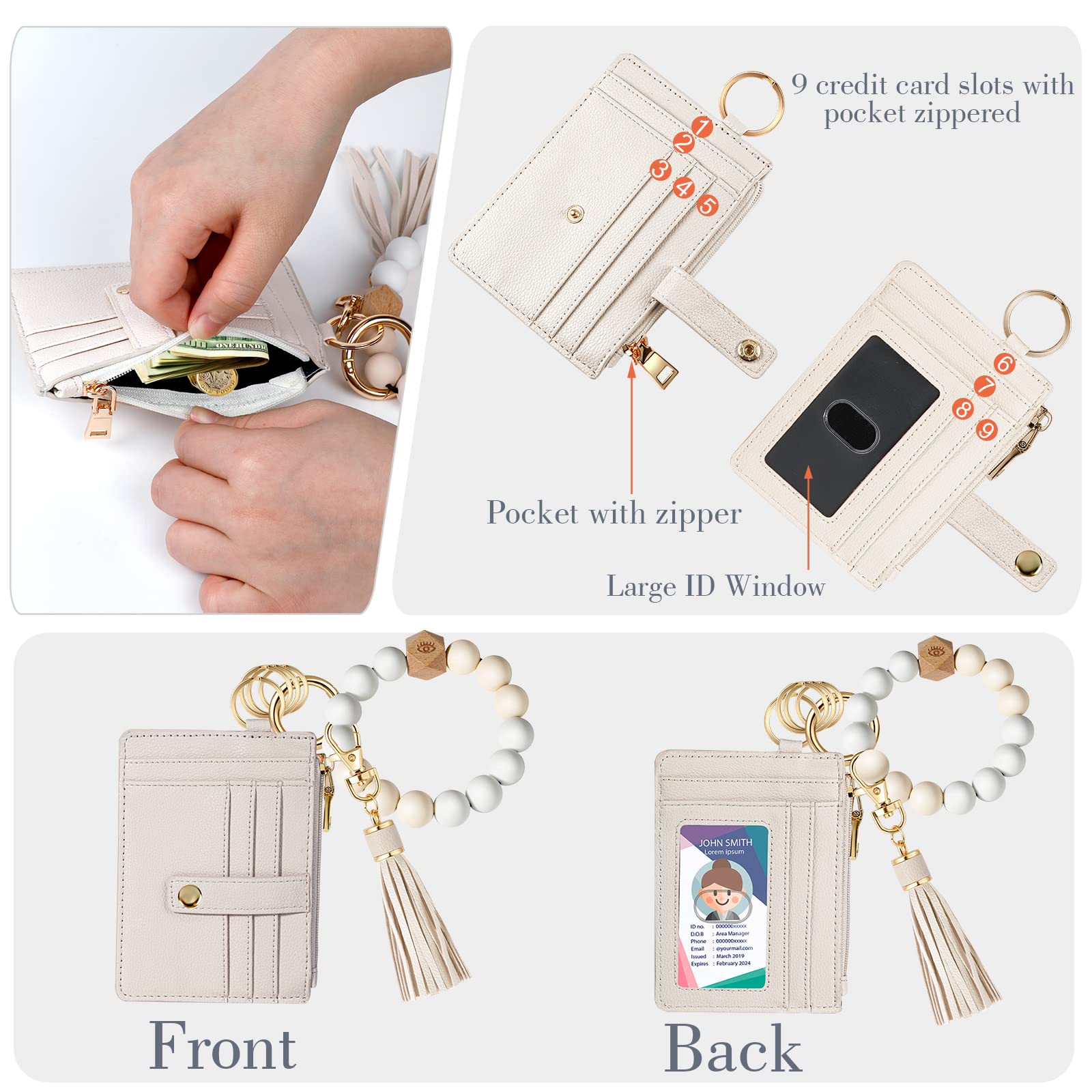 Hicdaw Wristlet Keychain Bracelet Wallet Keyring with Gift Box Silicone Bead Bangle 9 slots Card Holder Key Chains for Women (Pink)